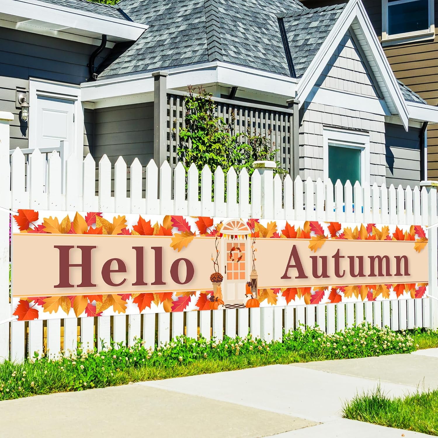 Hello Autumn Large Banner - Happy Fall Maple Leaf Sign Yard Backdrop ...