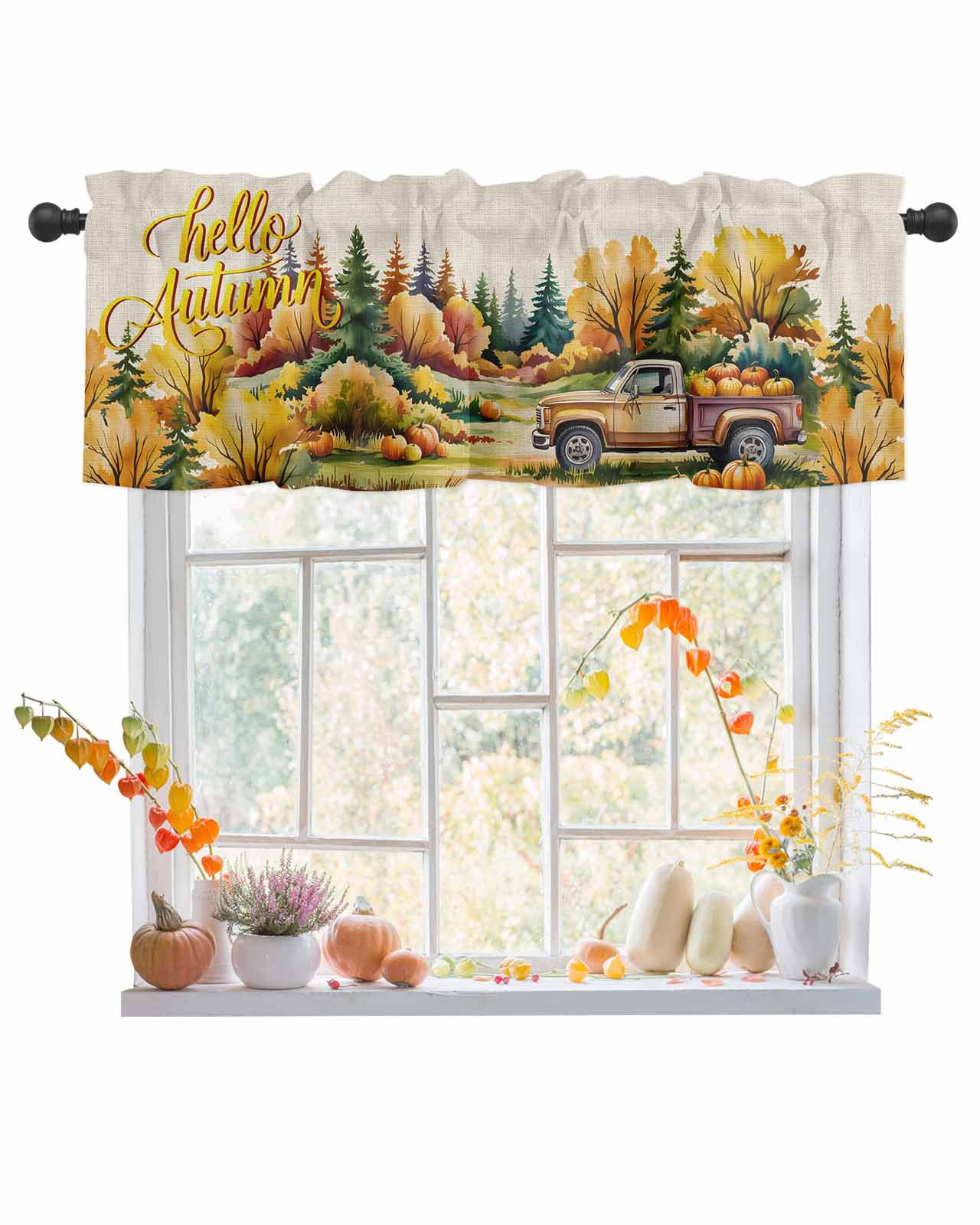 Hello Autumn Pumpkin Truck Fall Valances for Windows, Rod Pocket ...
