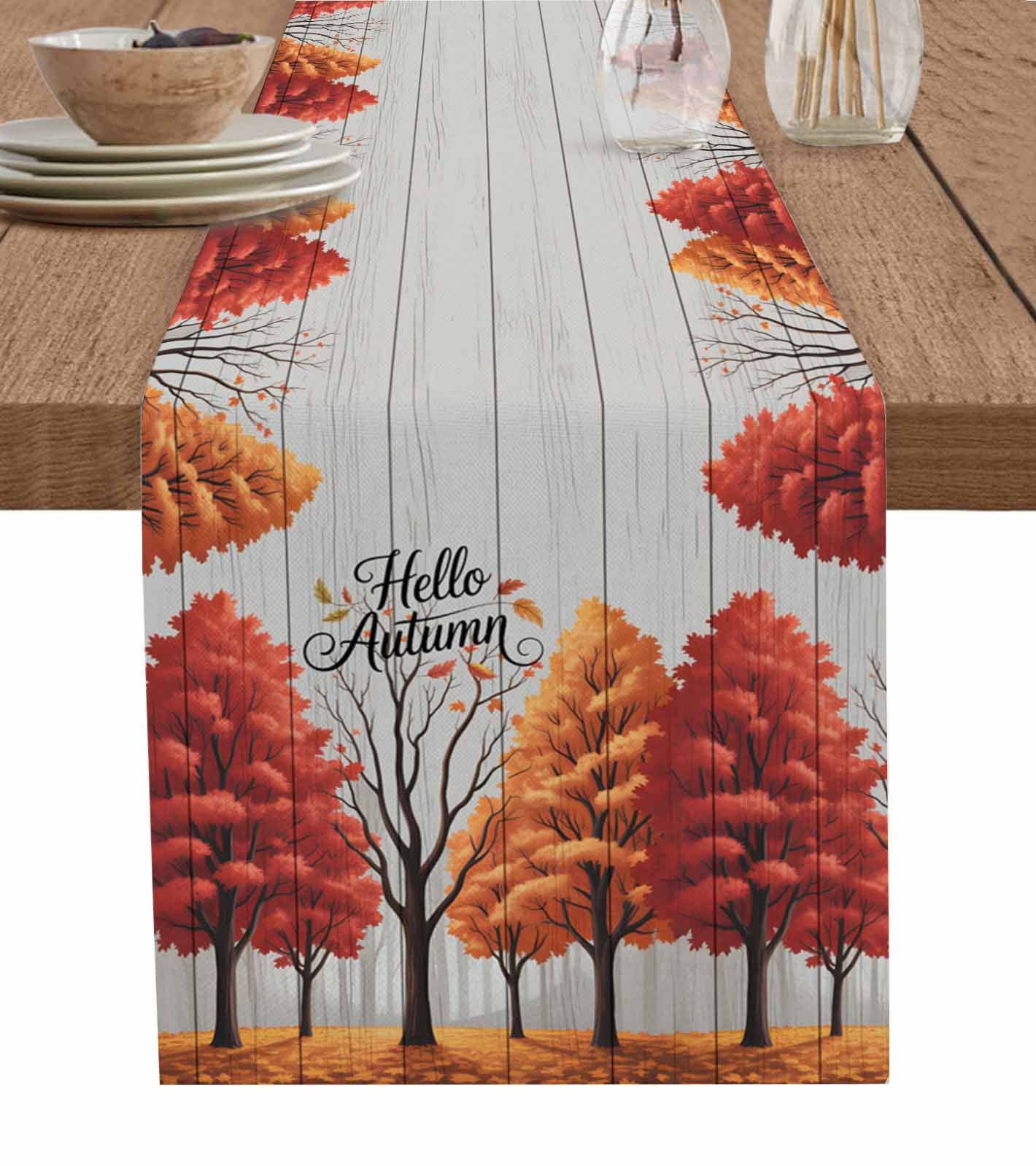 Hello Autumn Table Runner 90 Inches, Fall Orange Trees Forest Leaves ...