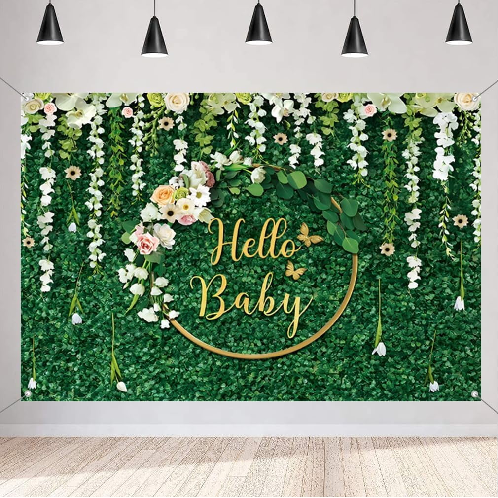 Hello Baby Background for Baby Shower Green Leaves Gender Neutral ...