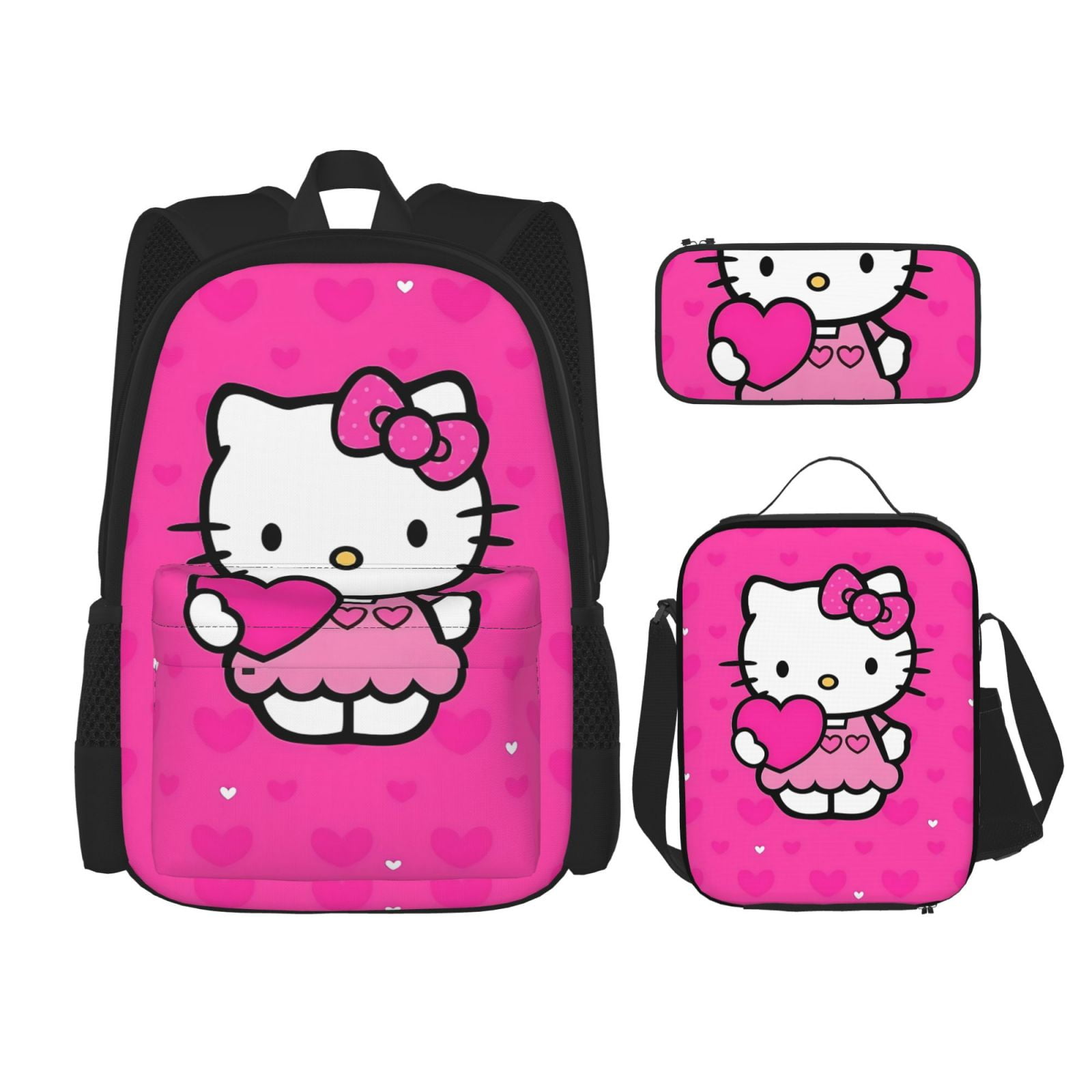 Hello Backpack Kitty Cat Graphic Backpack for Collage Bookbag with Lunch Box and Pencil Case for ...