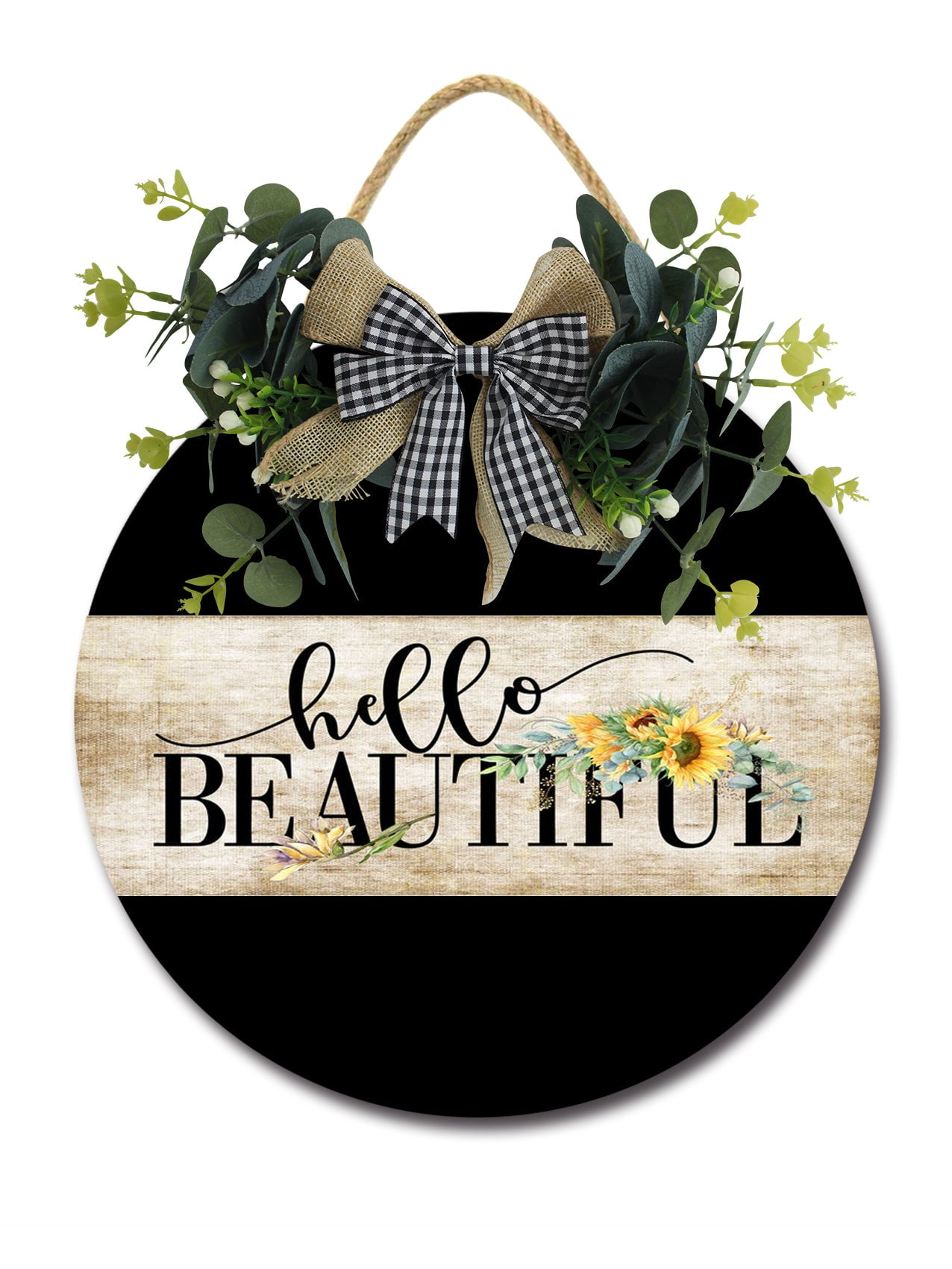 Hello Beautiful Sign Front Door Porch Decorations, Round Rustic Wood ...
