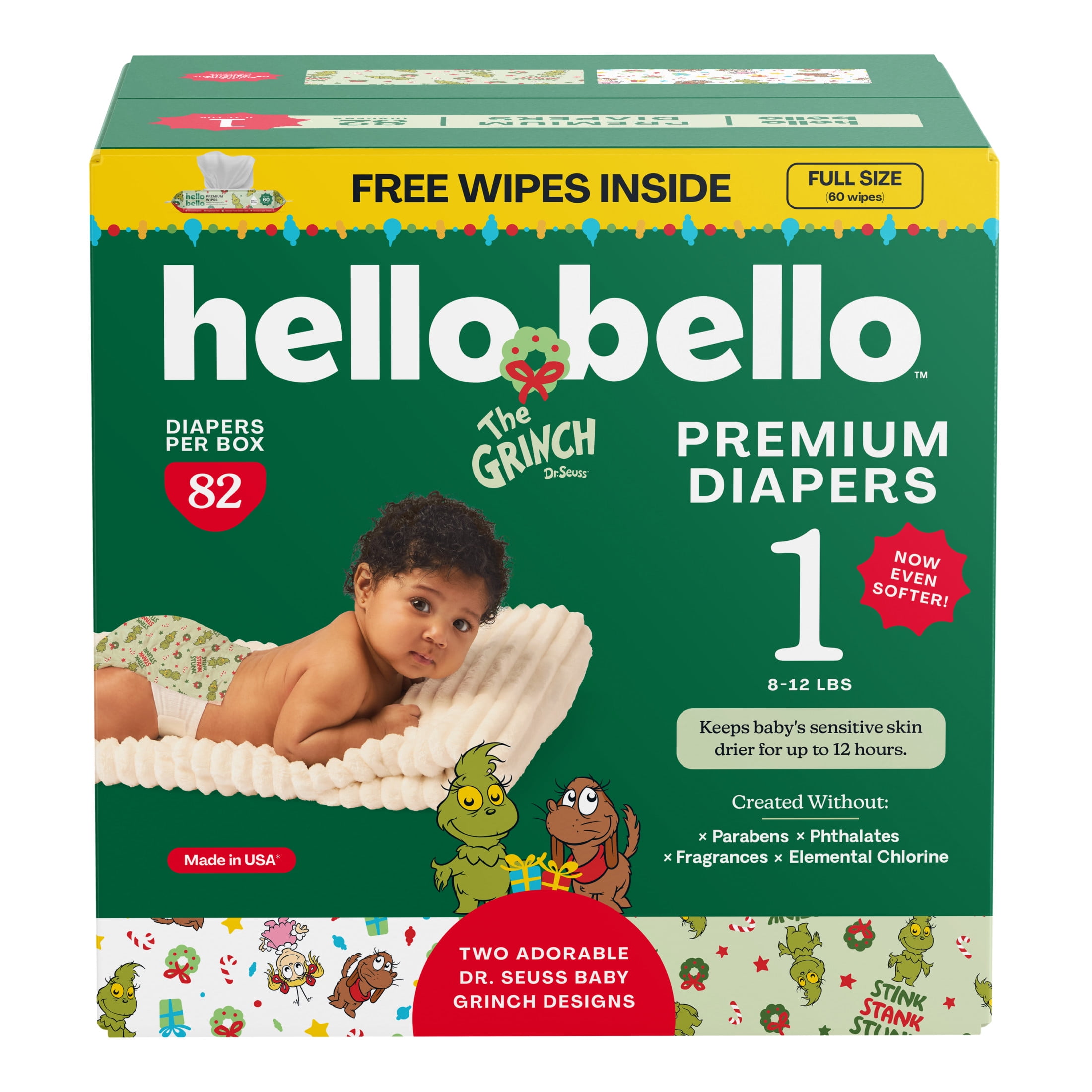Hello Bello Premium Baby Grinch Diapers Club Box with Bonus Wipes ...