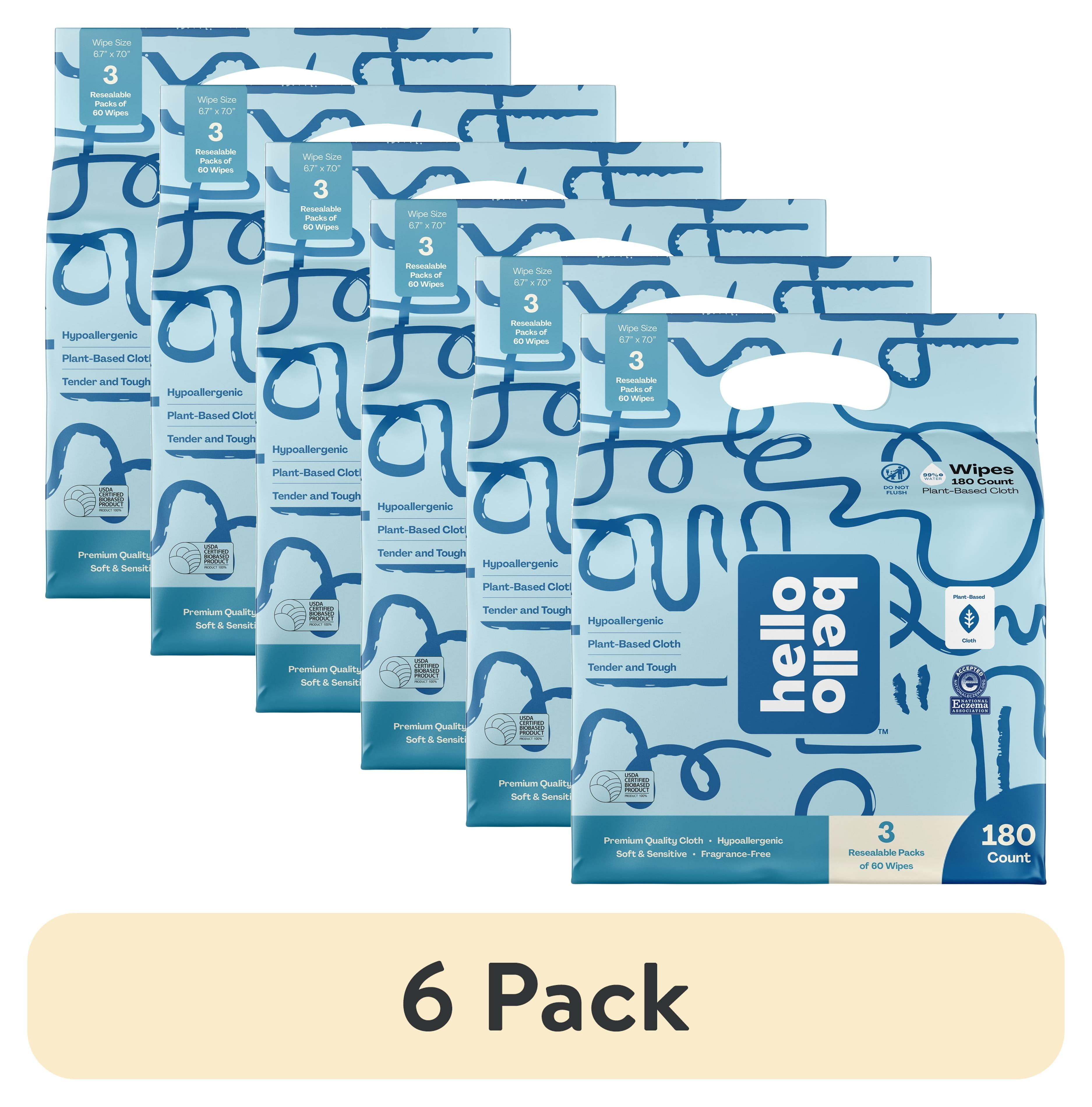 (6 pack) Hello Bello Baby Wipes, 180 Unscented Plant-Based Wipes, 3 ...