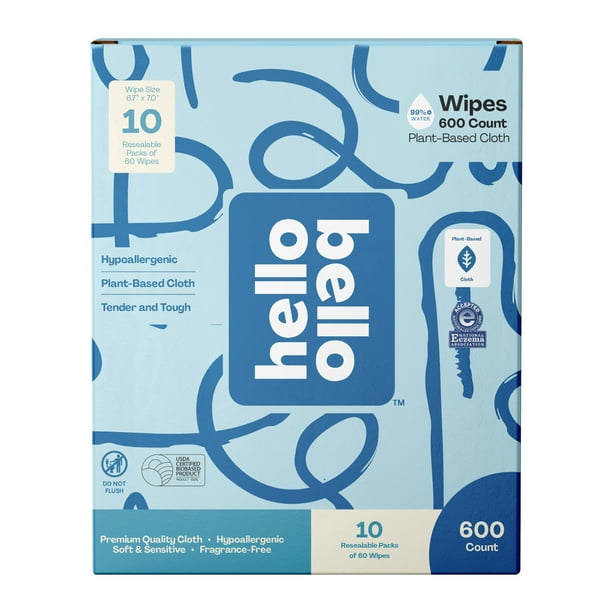 Hello Bello Baby Wipes, 600 Unscented Plant-Based Wipes, 10 Pouch Box ...
