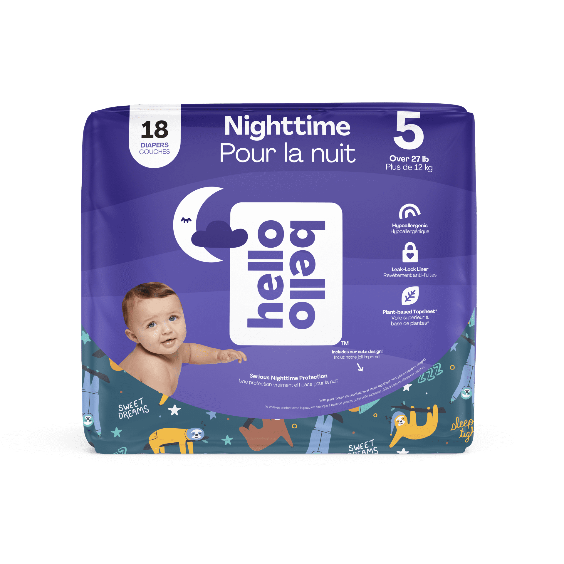 Hello Bello Premium Overnight Diapers, Size 5, Snoozy Sloths Design ...