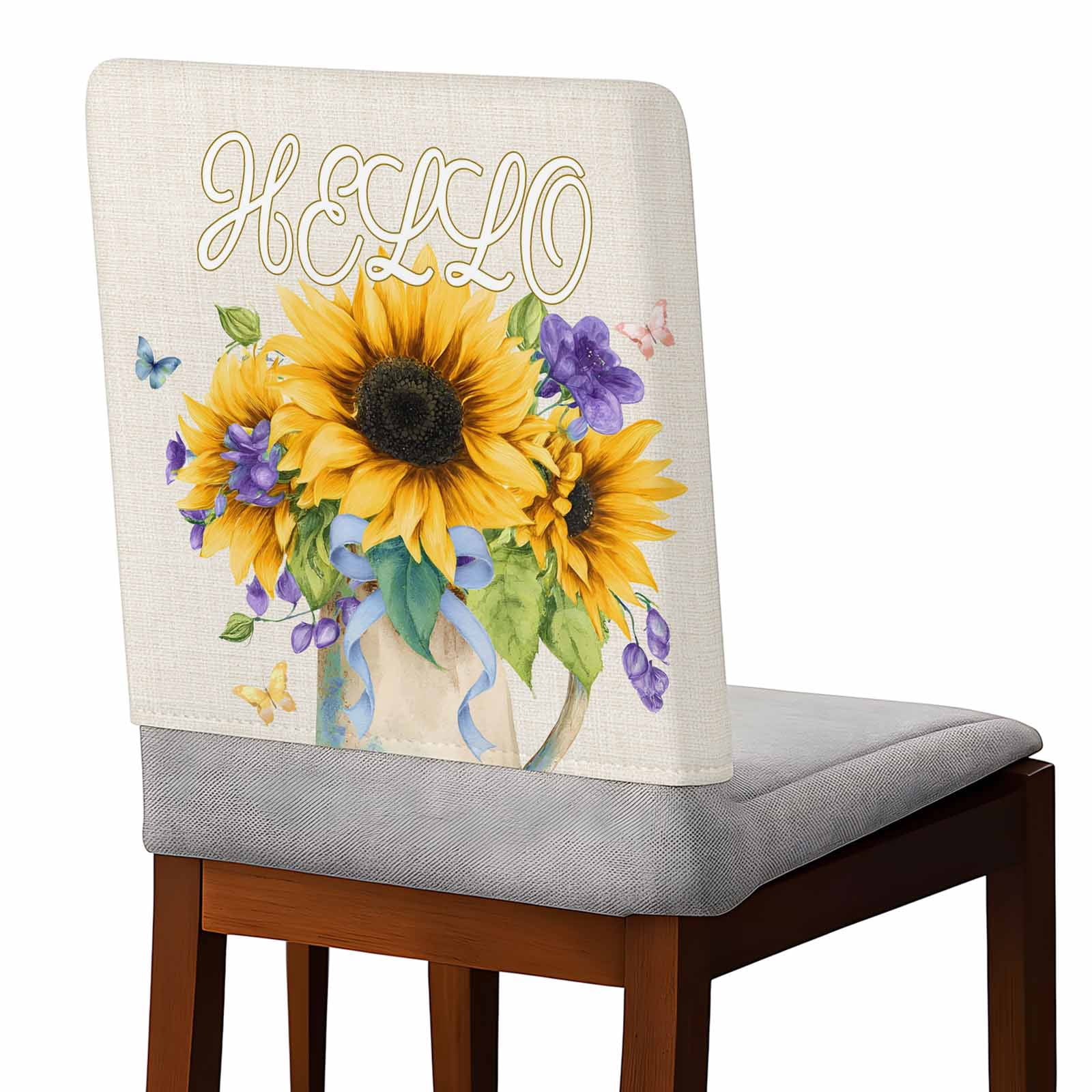 Hello Chair Covers Set of 8 Summer Watercolor Sunflower Farmhouse ...