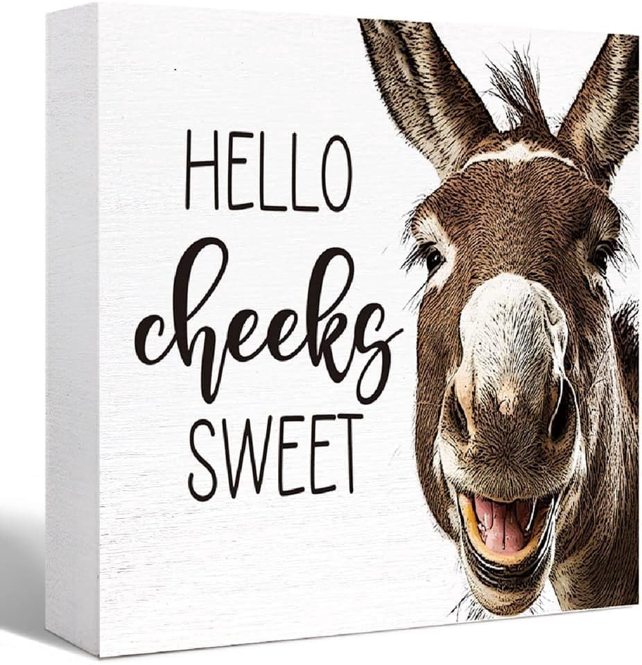 Hello Cheeks Sweet Funny Donkey Wood Block Sign for Bathroom Shelf ...