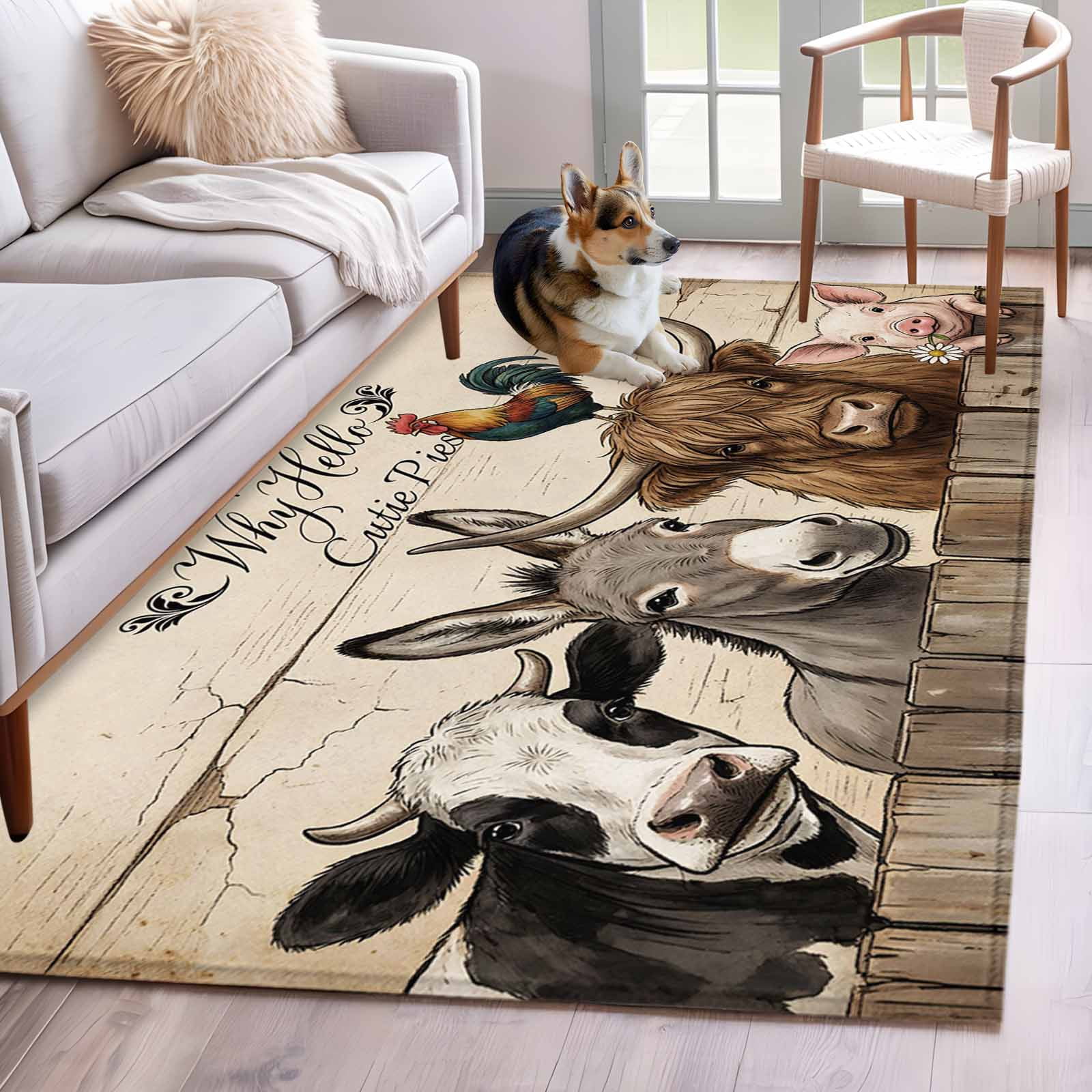 Why Hello Cutie Pies Washable Area Rugs 2.7'x5', Farm Donkey Pig Cow ...