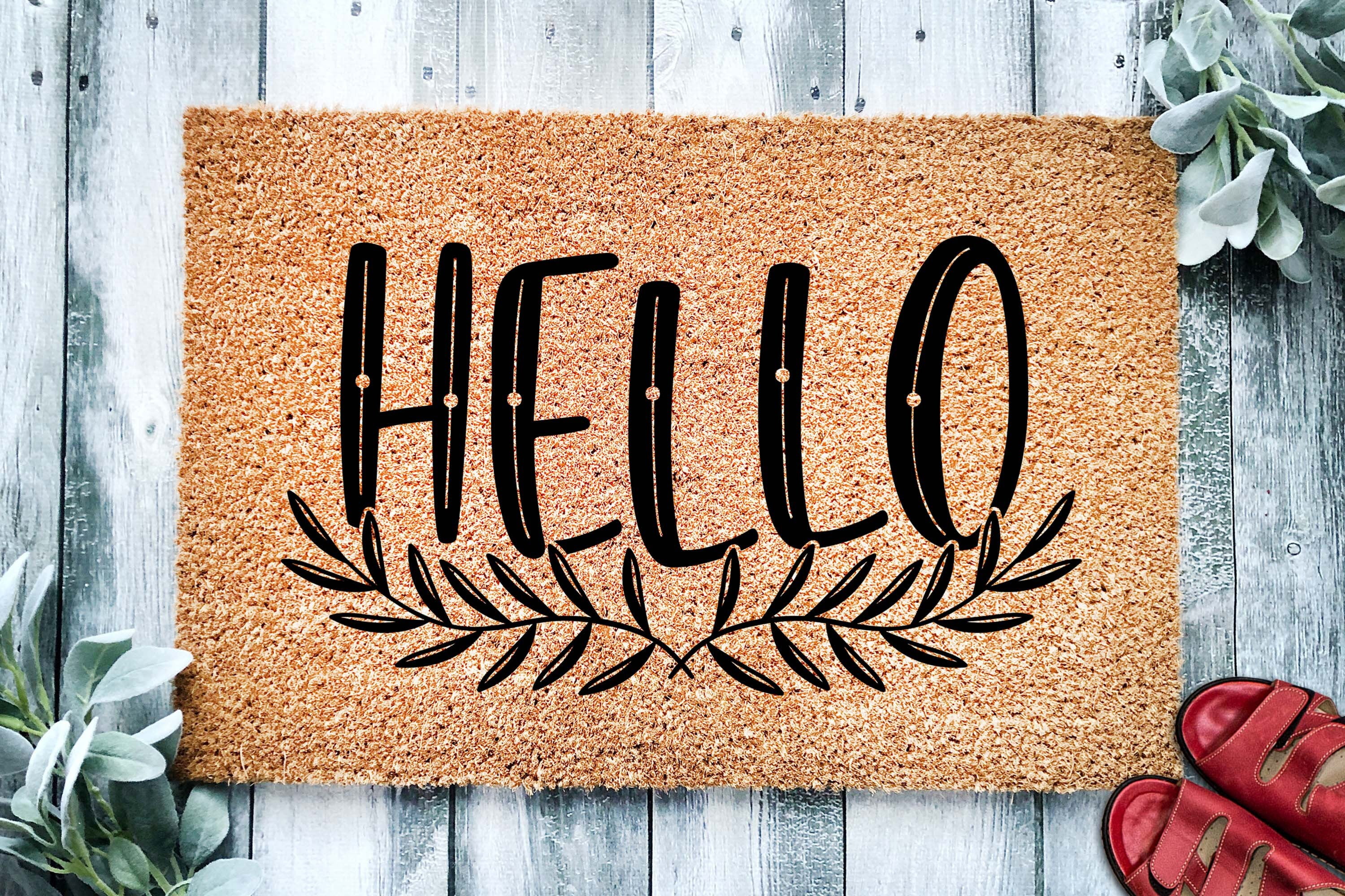 Hello Door Mat | Custom Doormat | Wreath Branches Leaves Welcome Mat ...