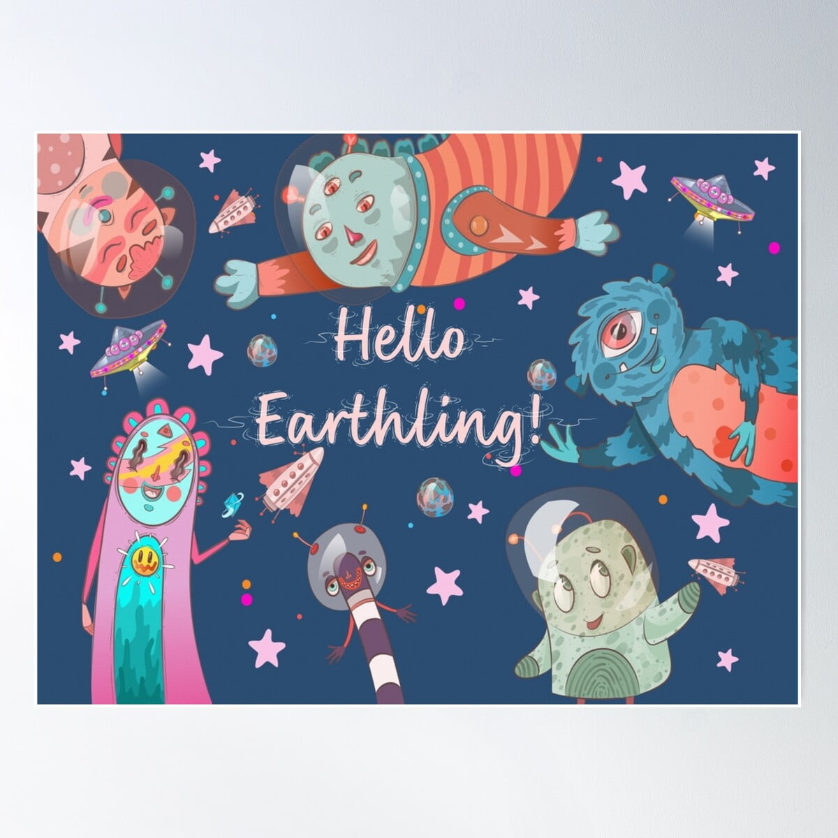 Hello Earthling! Friendly Alien Friends For Kids Room. Poster Wall Art ...