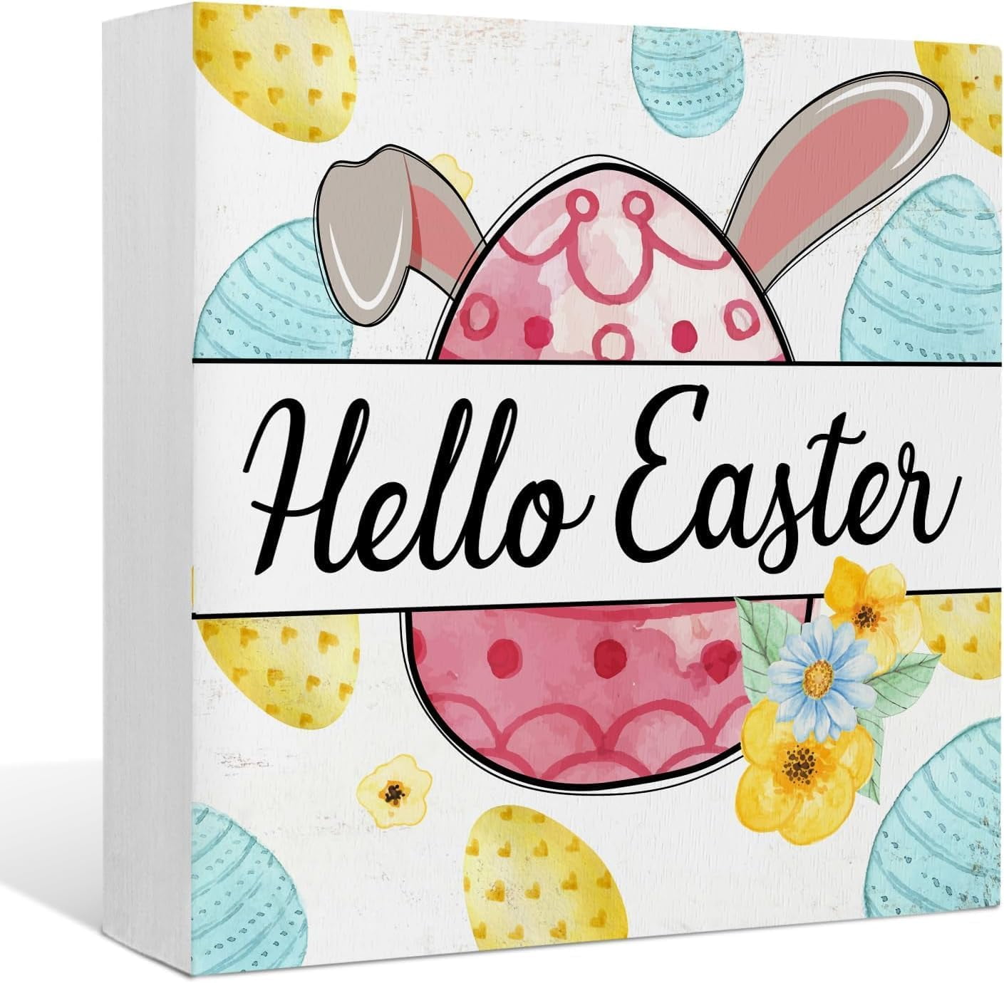 Hello Easter Desk Decor Wooden Box Sign,Bunny Ear Easter Eggs Spring ...