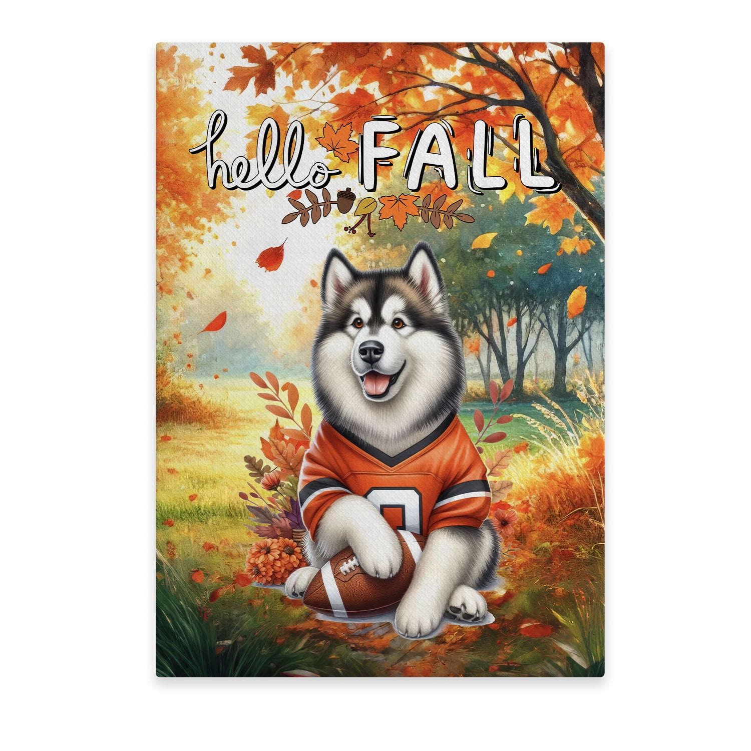 Hello Fall Alaskan Malamute Football Welcome Autumn with Leaves ...