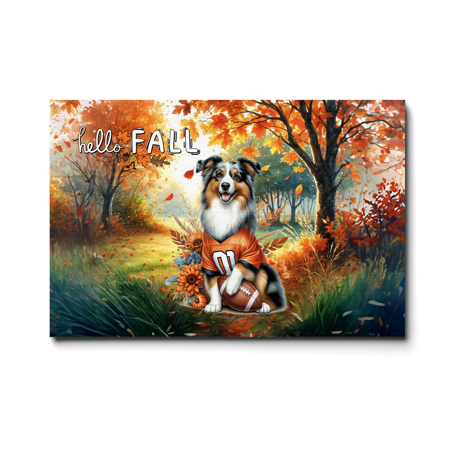 Hello Fall Australian Shepherd Football Welcome Autumn with Leaves ...