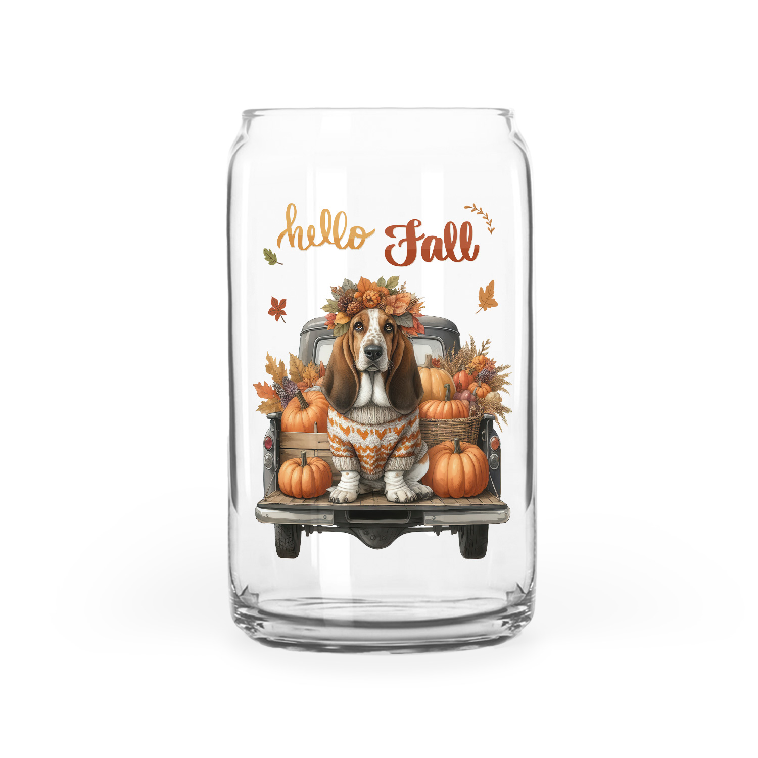 Hello Fall Autumn Basset Hound Pumpkins Pickup Truck 16oz Glass Cup Mug ...