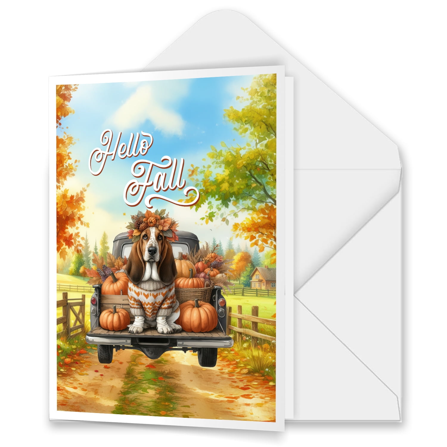 Hello Fall Autumn Basset Hound Pumpkins Pickup Truck 5x7in Folded ...