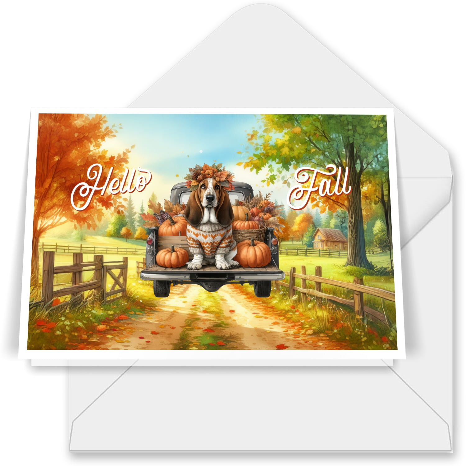 Hello Fall Autumn Basset Hound Pumpkins Pickup Truck 7x5in Folded ...