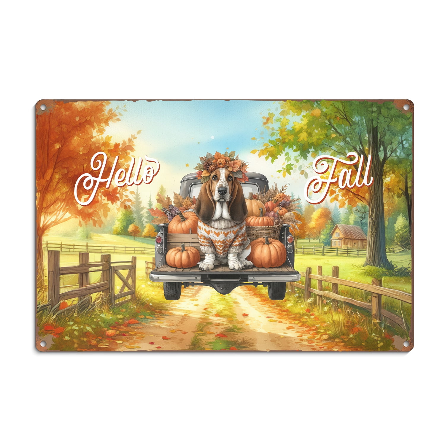 Hello Fall Autumn Basset Hound Pumpkins Pickup Truck Horizontal Metal ...