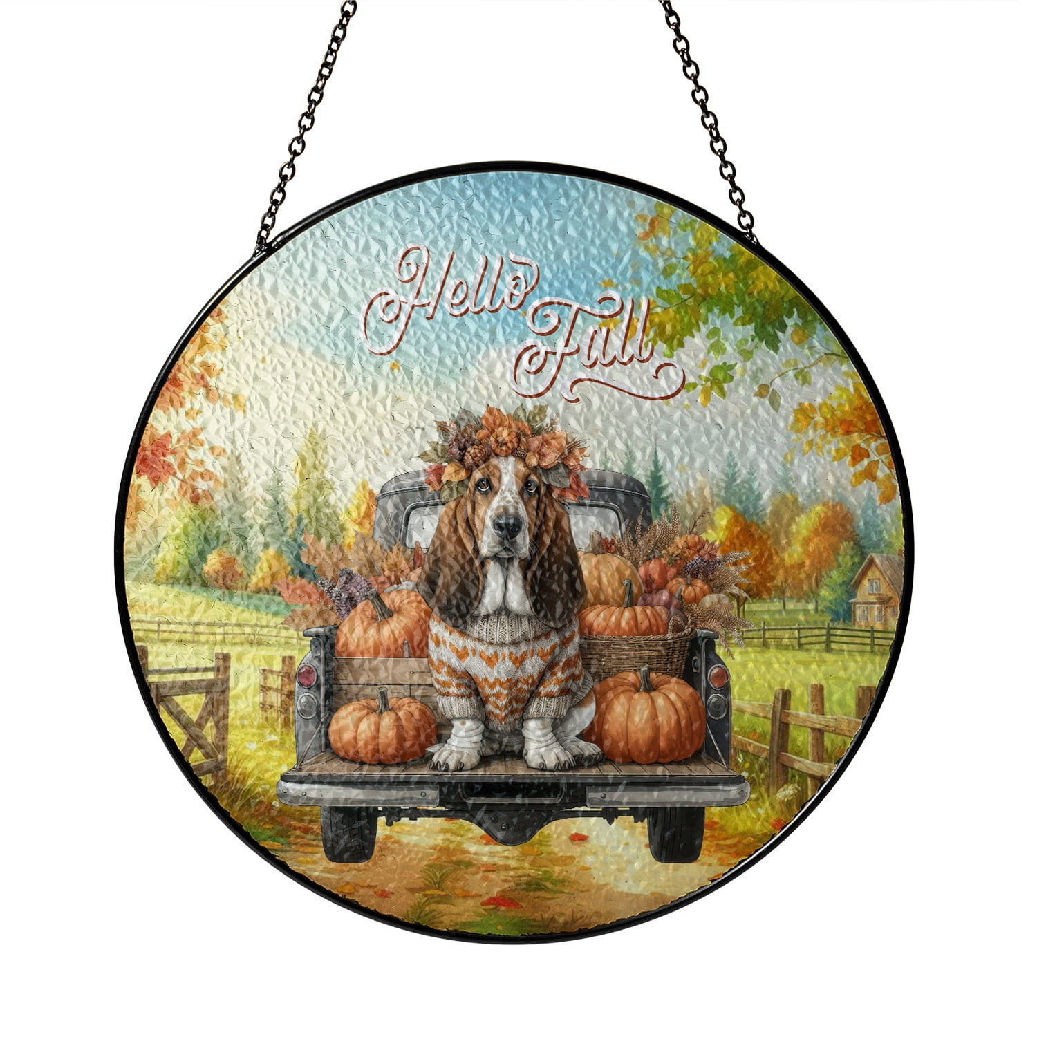 Hello Fall Autumn Basset Hound Pumpkins Pickup Truck Stained Glass ...