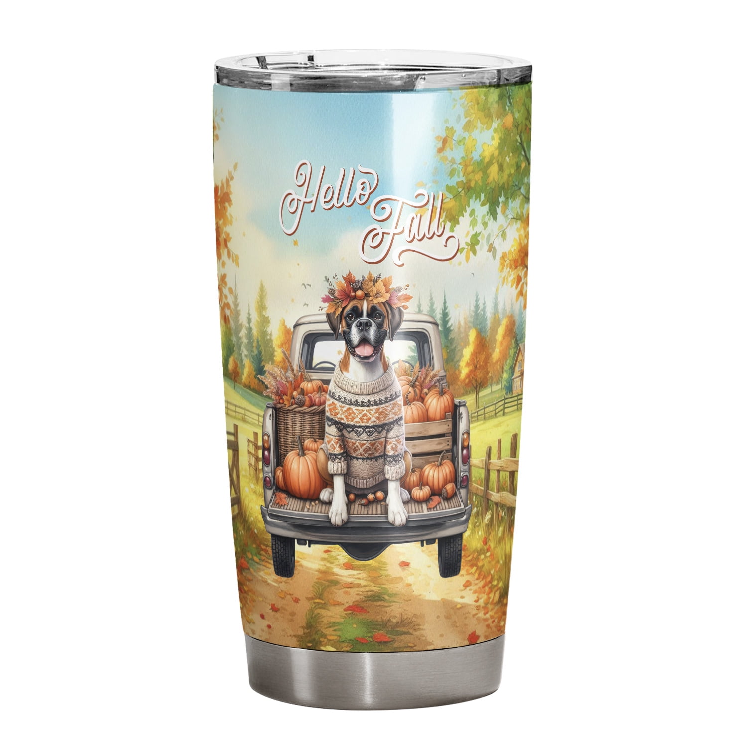 Hello Fall Autumn Boxer Pumpkins Pickup Truck 20oz Stainless Steel ...