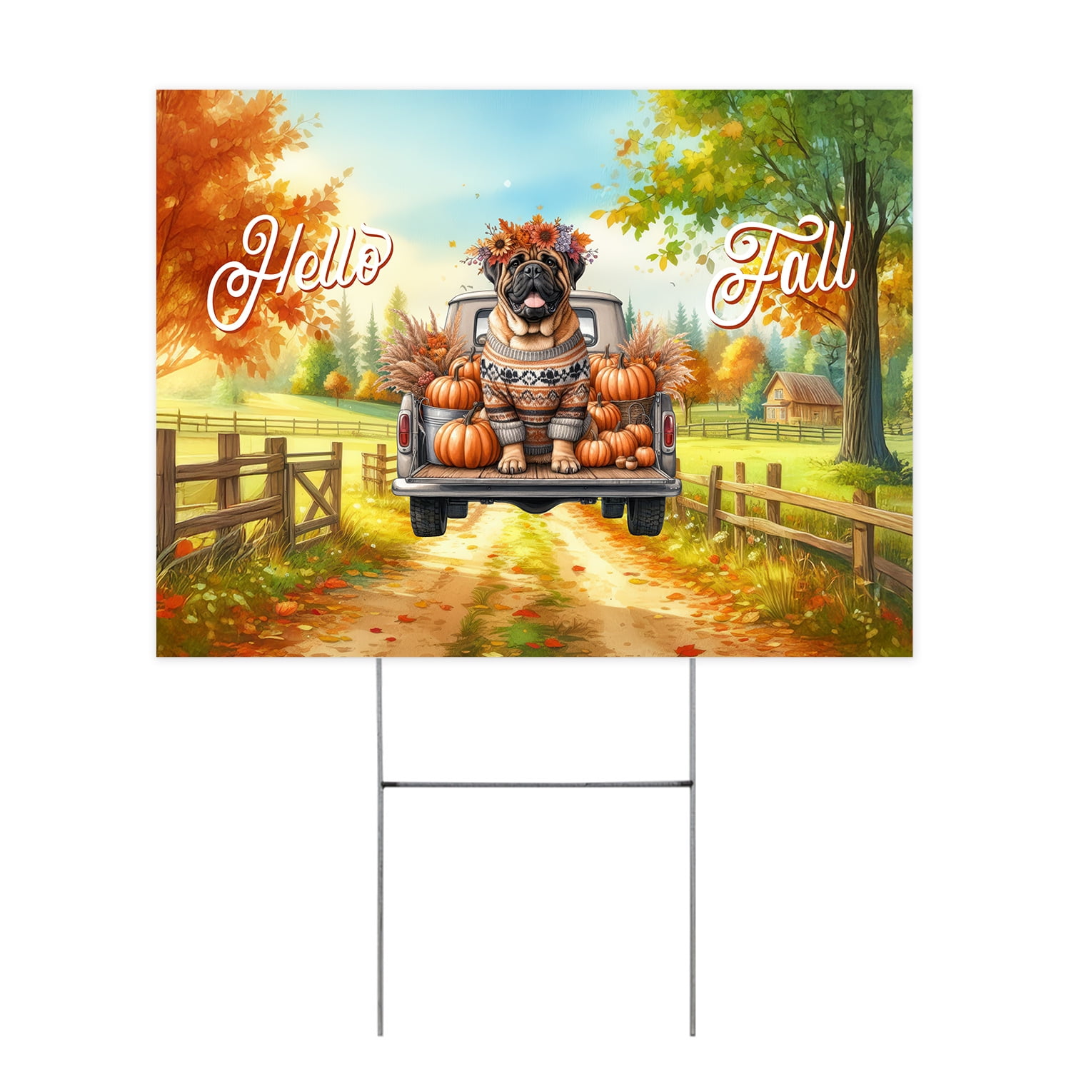 Hello Fall Autumn Bullmastiff Pumpkins Pickup Truck Yard Sign Dog Lover ...