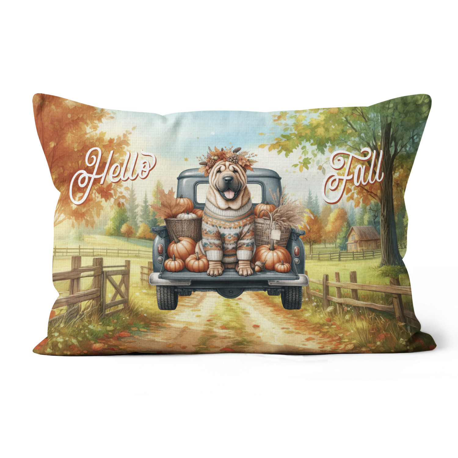 Hello Fall Autumn Chinese Shar-Pei Pumpkins Pickup Truck Pillow Cushion ...