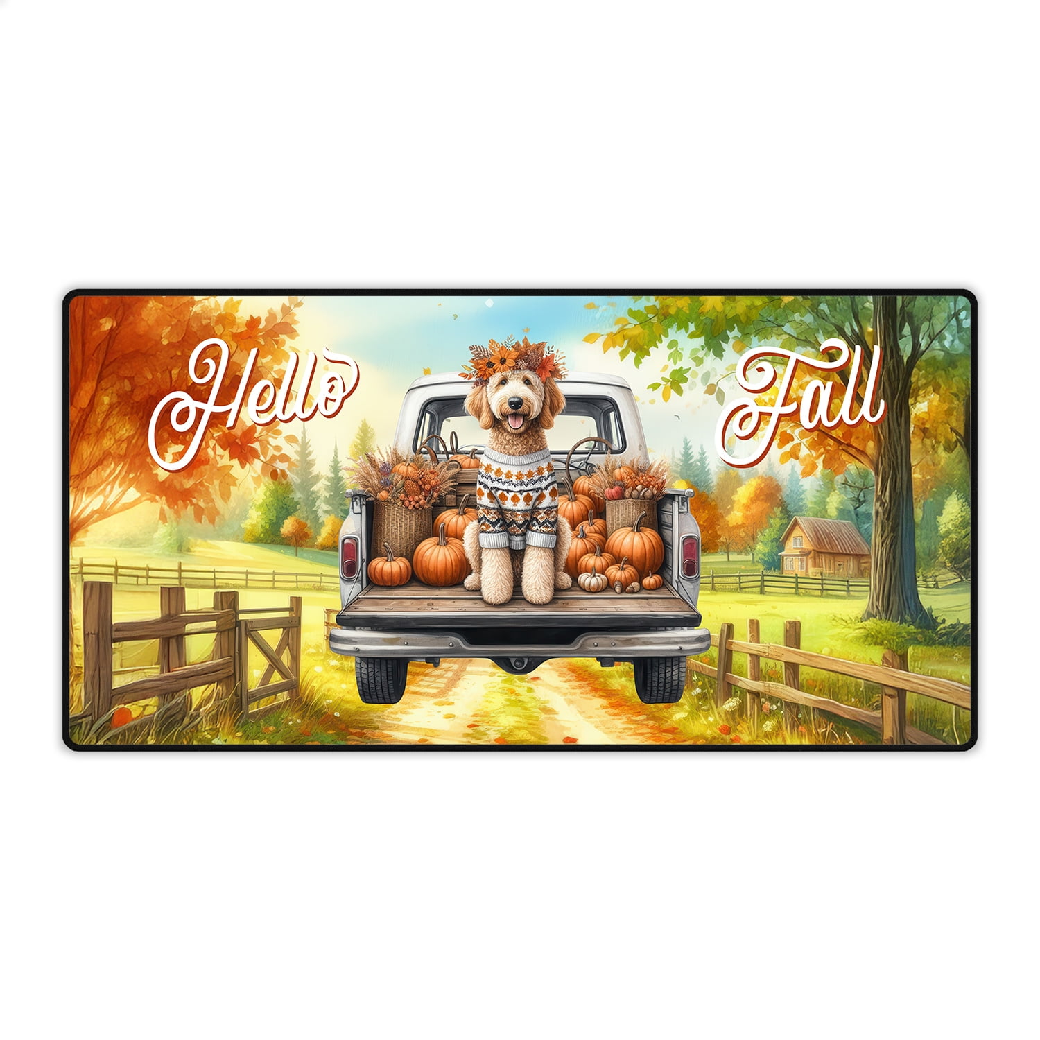 Hello Fall Autumn Goldendoodle Pumpkins Pickup Truck Desk Mat Full ...
