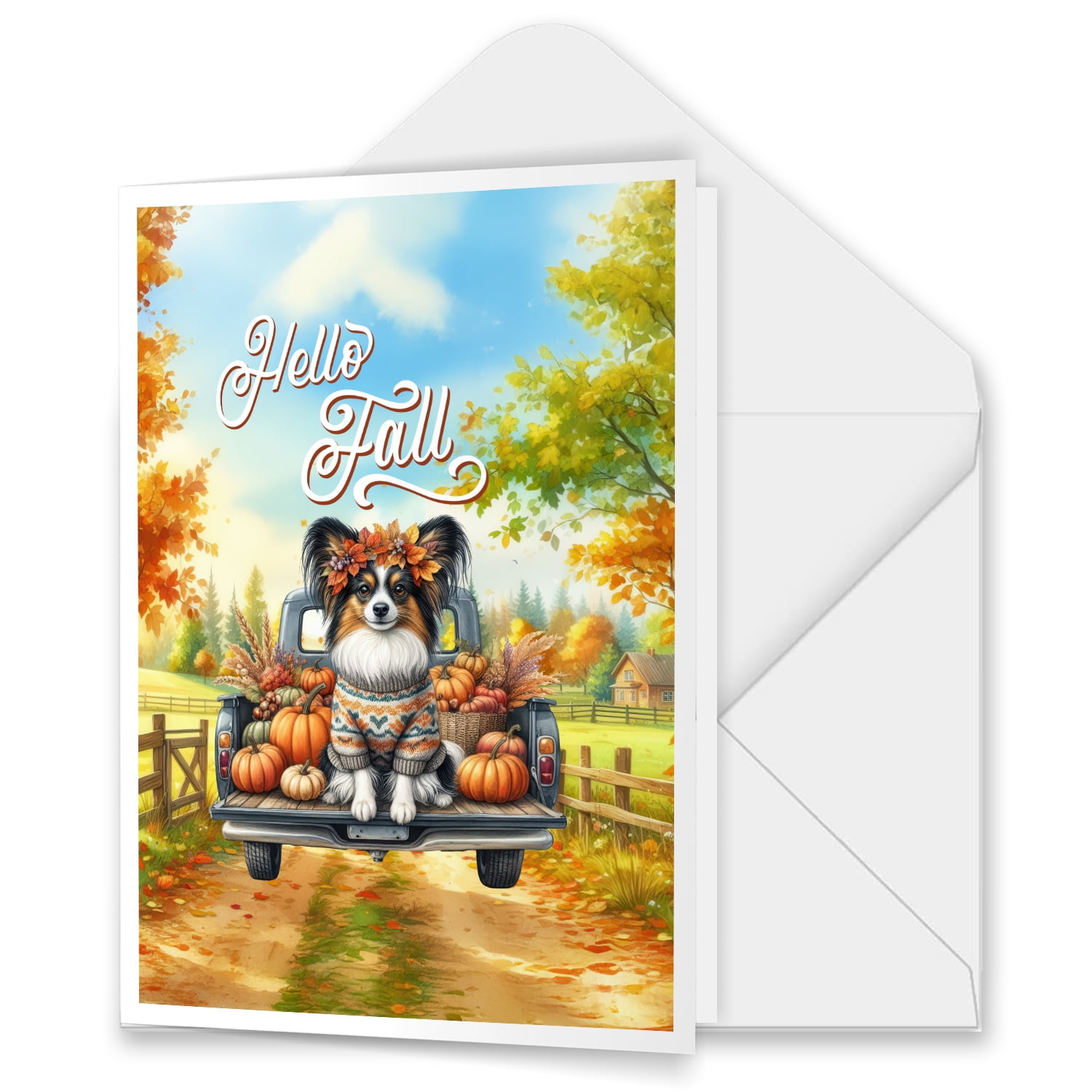 Hello Fall Autumn Papillon Pumpkins Pickup Truck 5x7in Folded Greeting ...