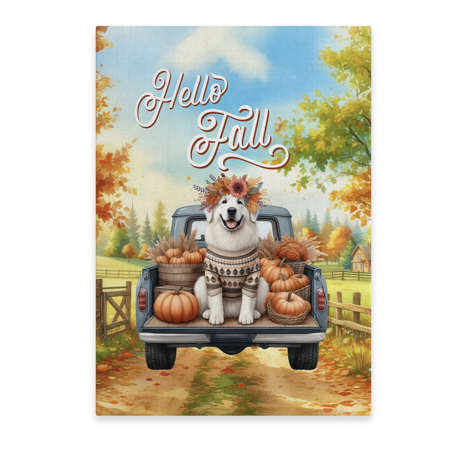 Hello Fall Autumn Wreath Great Pyrenees Pumpkins Pickup Truck Vertical ...