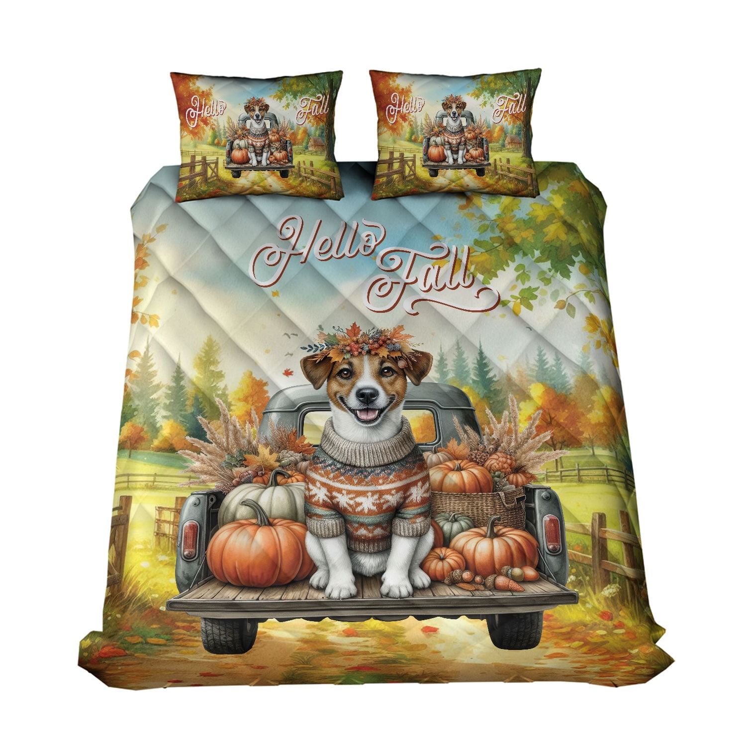 Hello Fall Autumn Wreath Jack Russell Terrier Pumpkins Pickup Truck ...