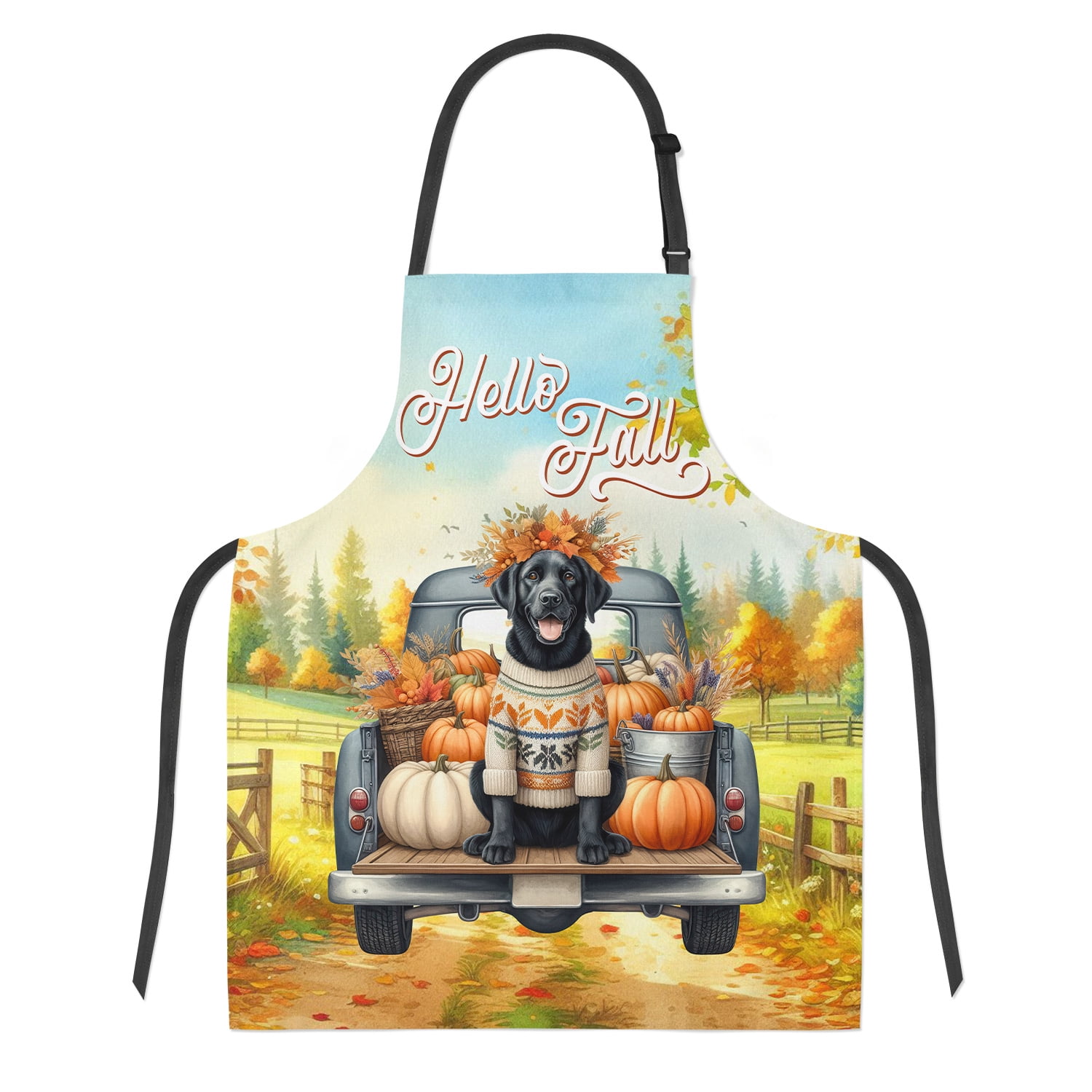 Hello Fall Autumn Wreath Labrador Retriever Pumpkins Pickup Truck Apron ...