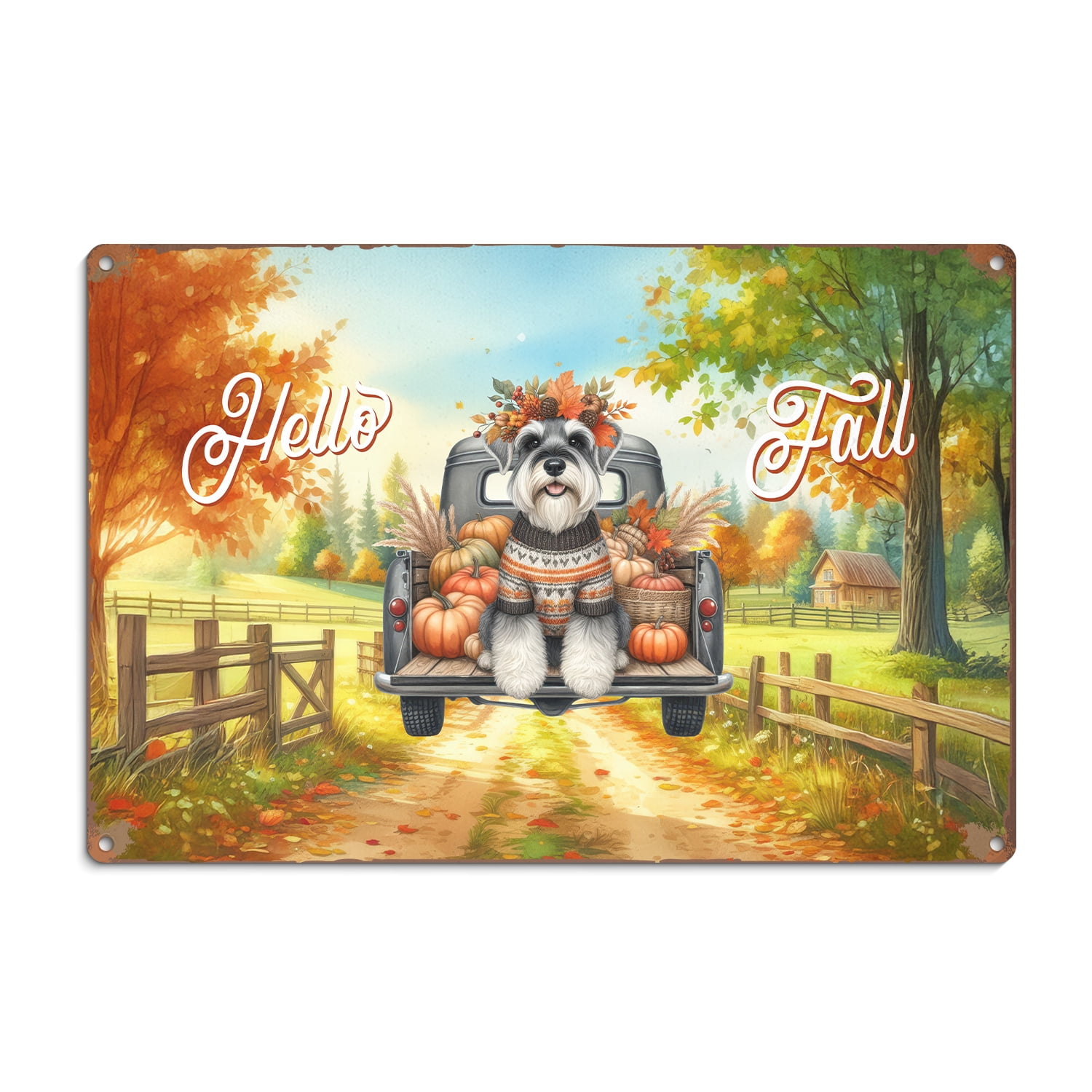 Hello Fall Autumn Wreath Schnauzer Pumpkins Pickup Truck Horizontal ...