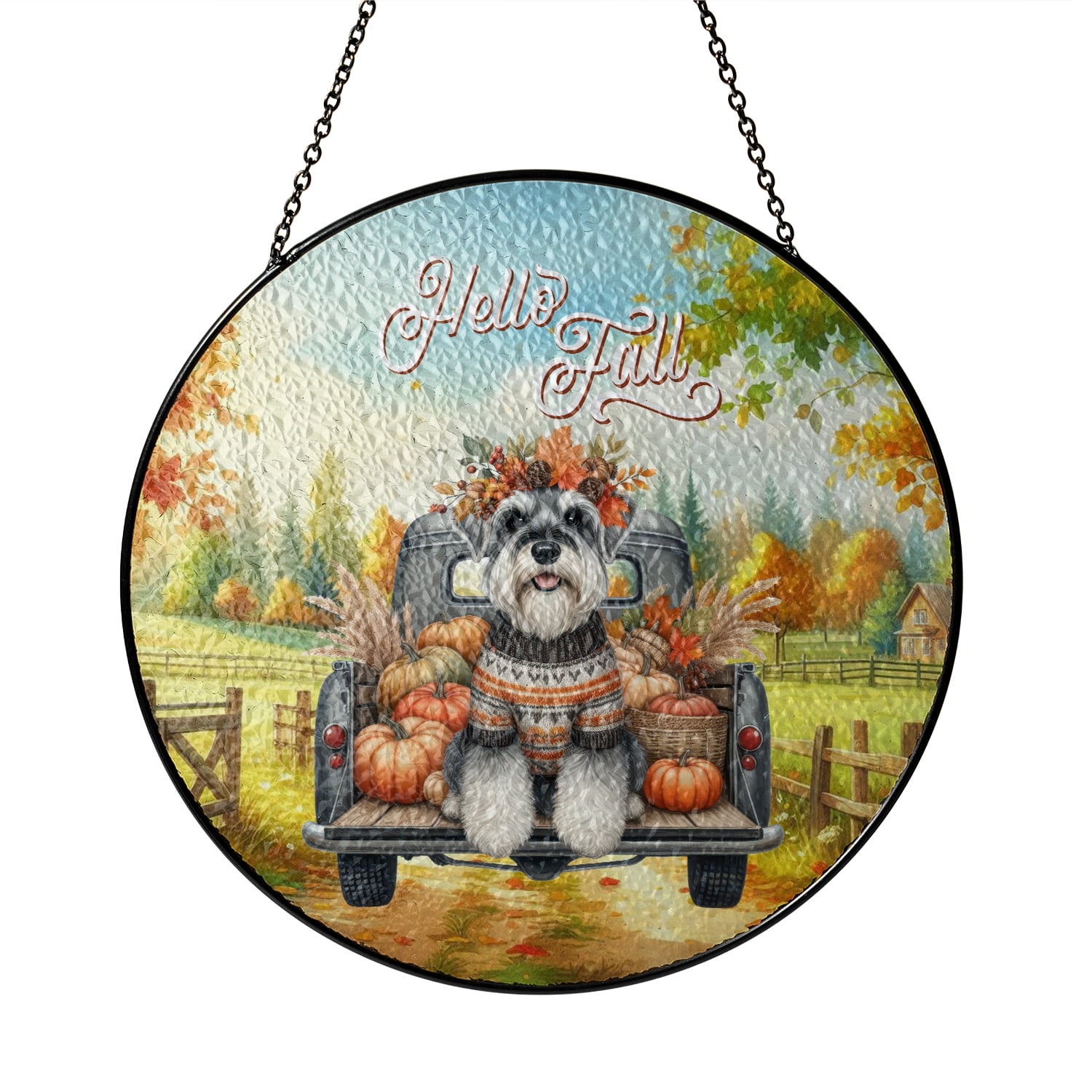 Hello Fall Autumn Wreath Schnauzer Pumpkins Pickup Truck Stained Glass ...
