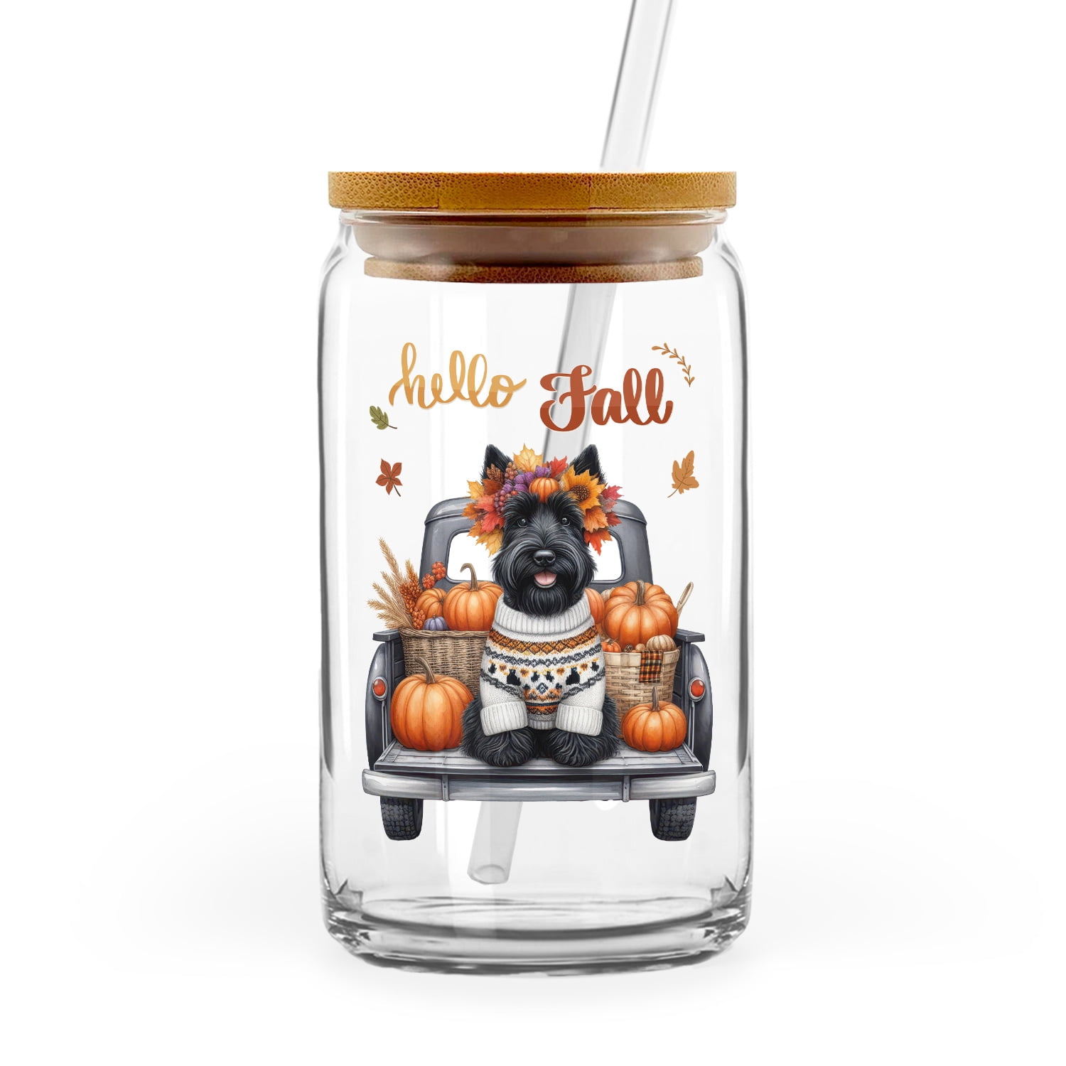 Hello Fall Autumn Wreath Scottish Terrier Pumpkins Pickup Truck 16oz ...