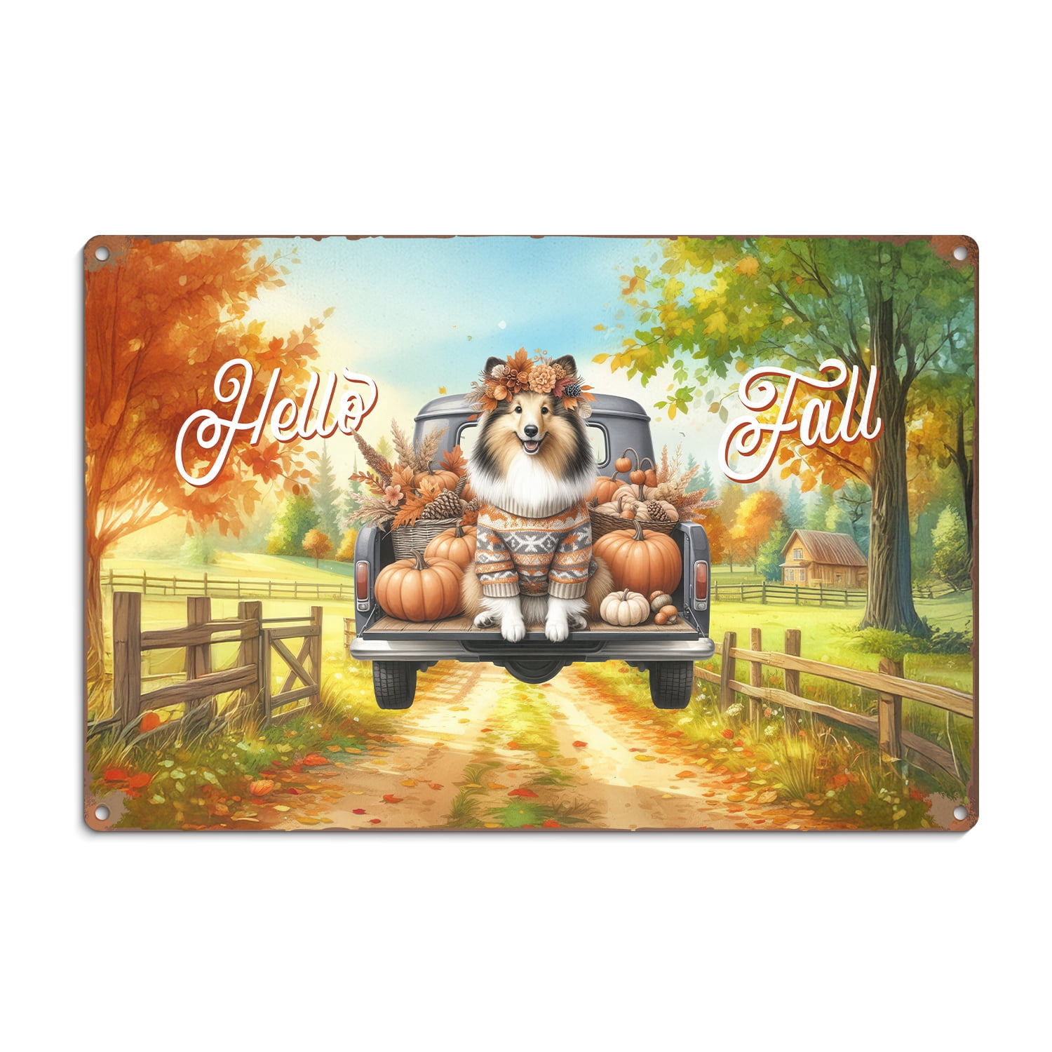 Hello Fall Autumn Wreath Shetland Sheepdog Pumpkins Pickup Truck ...