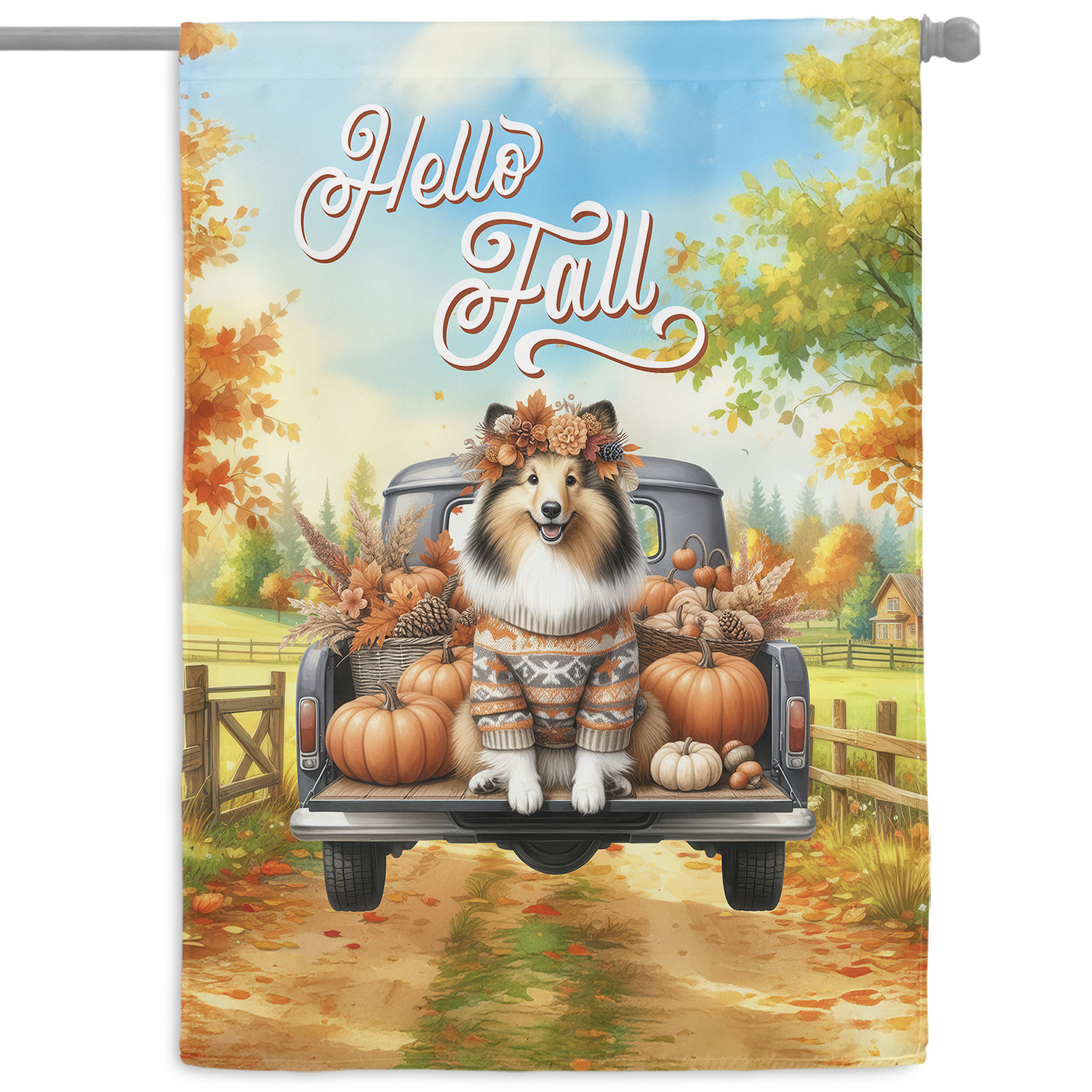 Hello Fall Autumn Wreath Shetland Sheepdog Pumpkins Pickup Truck House ...