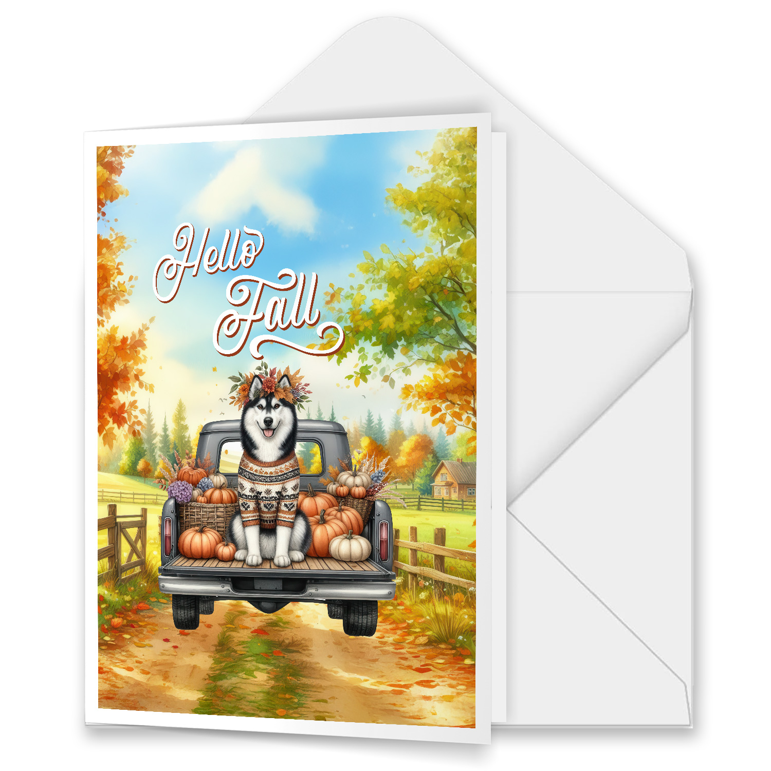 Hello Fall Autumn Wreath Siberian Husky Pumpkins Pickup Truck 5x7in ...