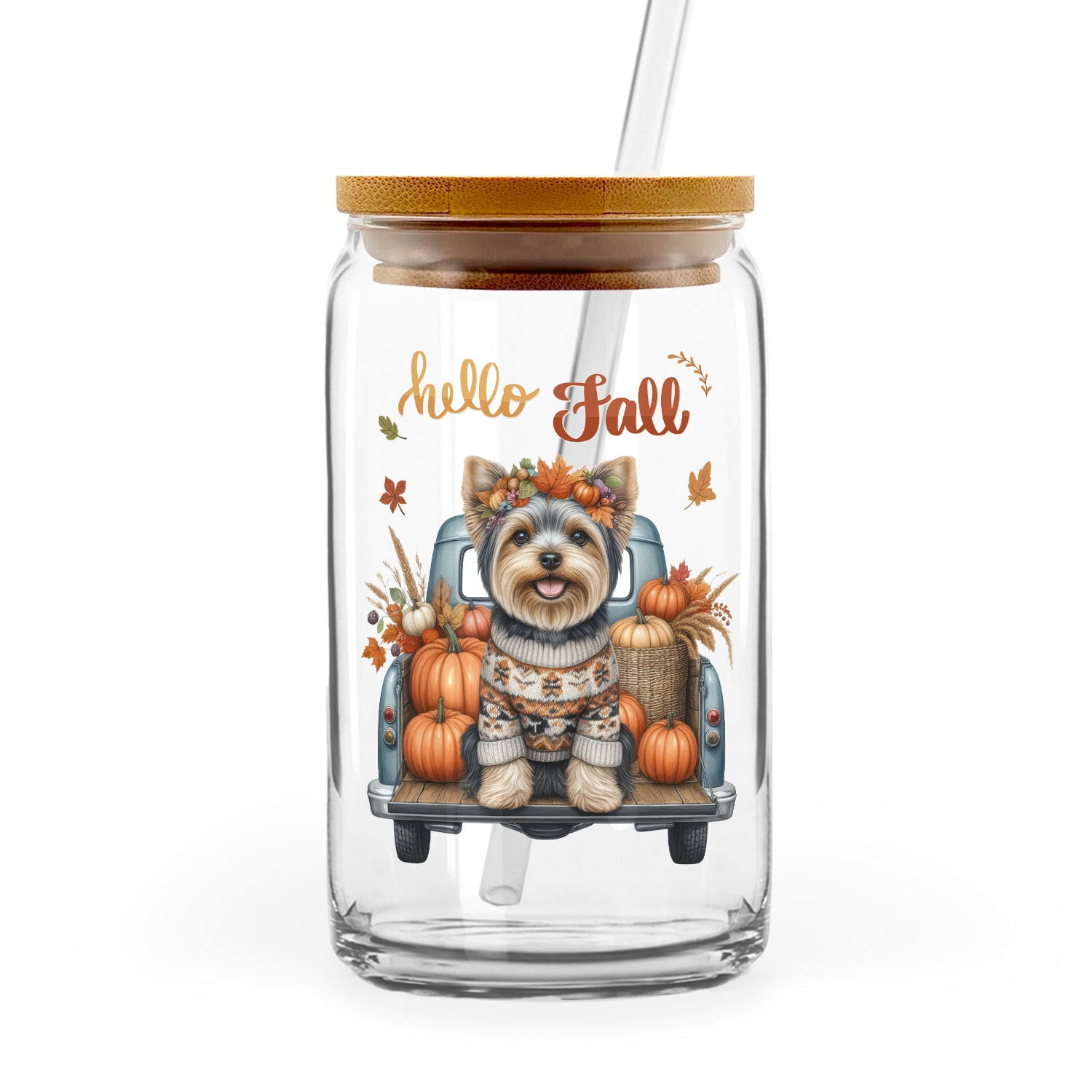 Hello Fall Autumn Wreath Yorkshire Terrier Pumpkins Pickup Truck 16oz ...