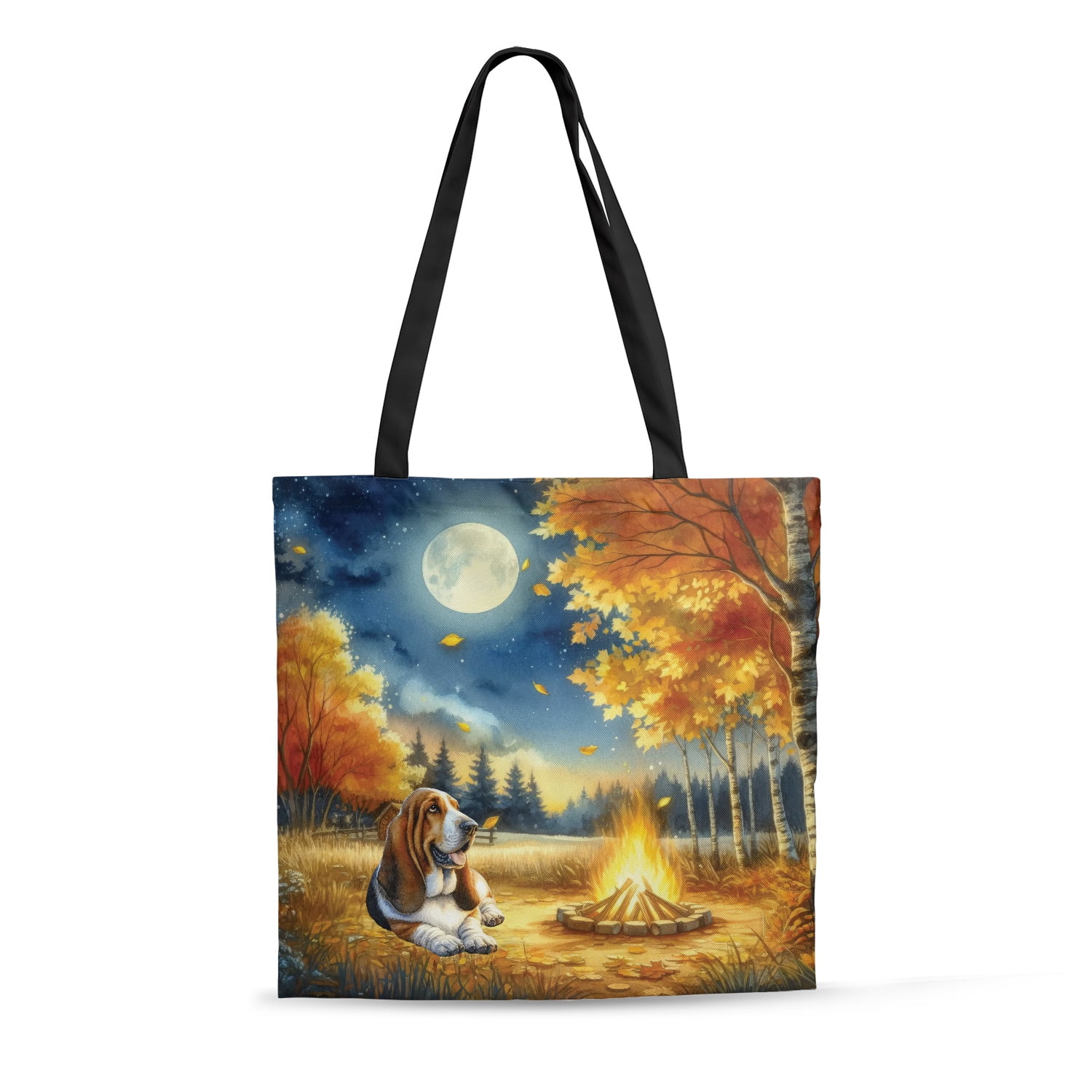 Hello Fall Basset Hound Enjoys Warm Campfire Autumn Night Bright Moon ...
