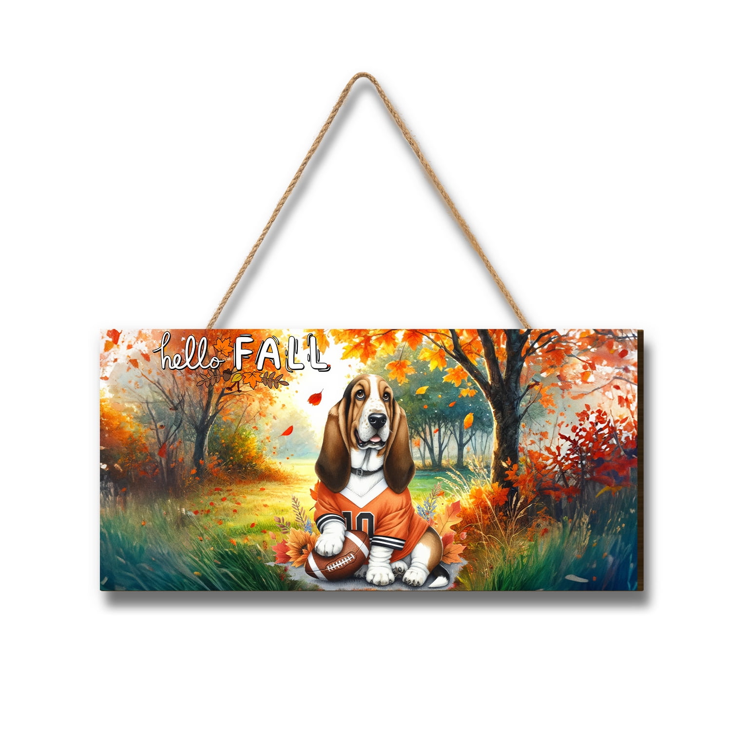 Hello Fall Basset Hound Football Welcome Autumn with Leaves Pumpkins ...