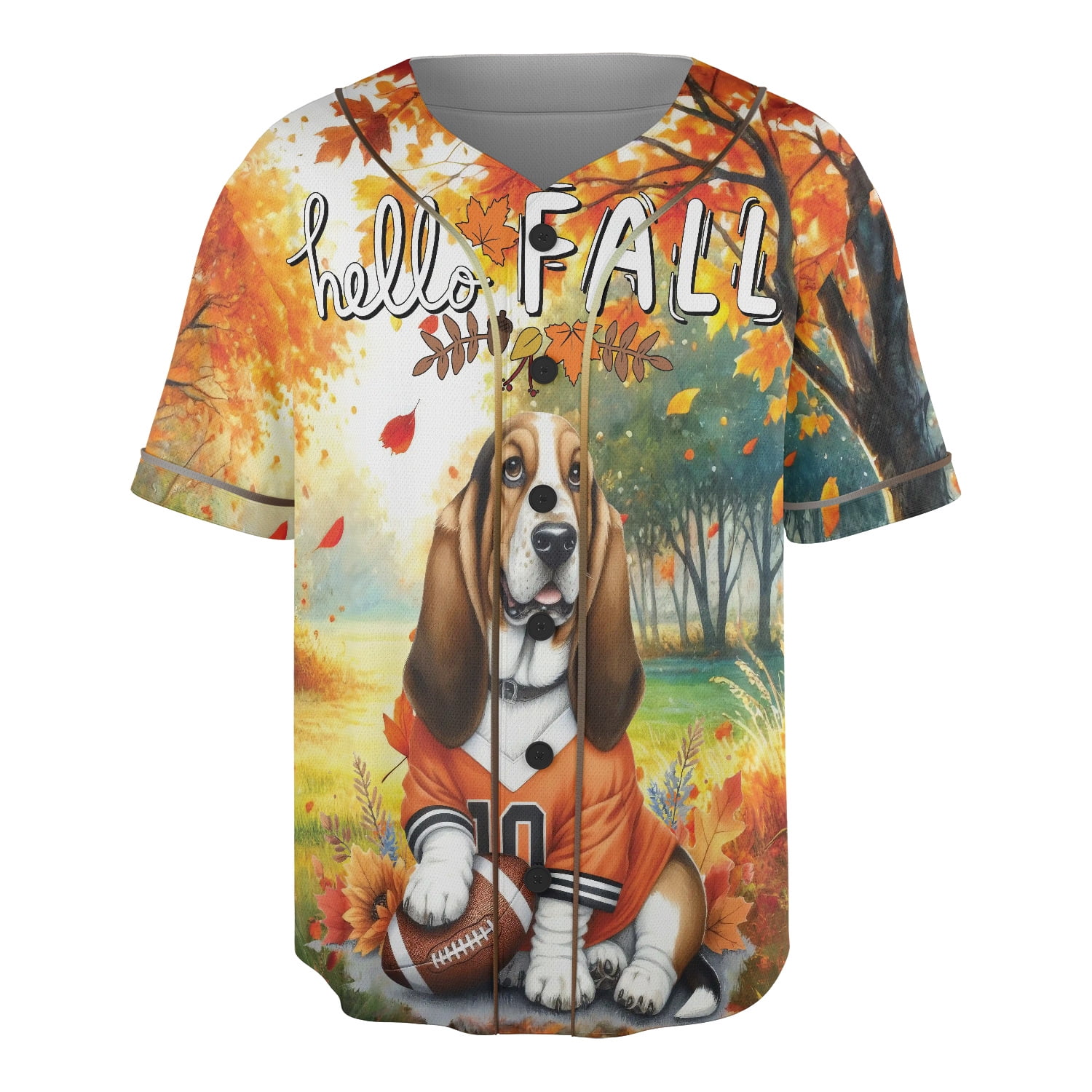 Hello Fall Basset Hound Football Welcome Autumn with Leaves Pumpkins ...