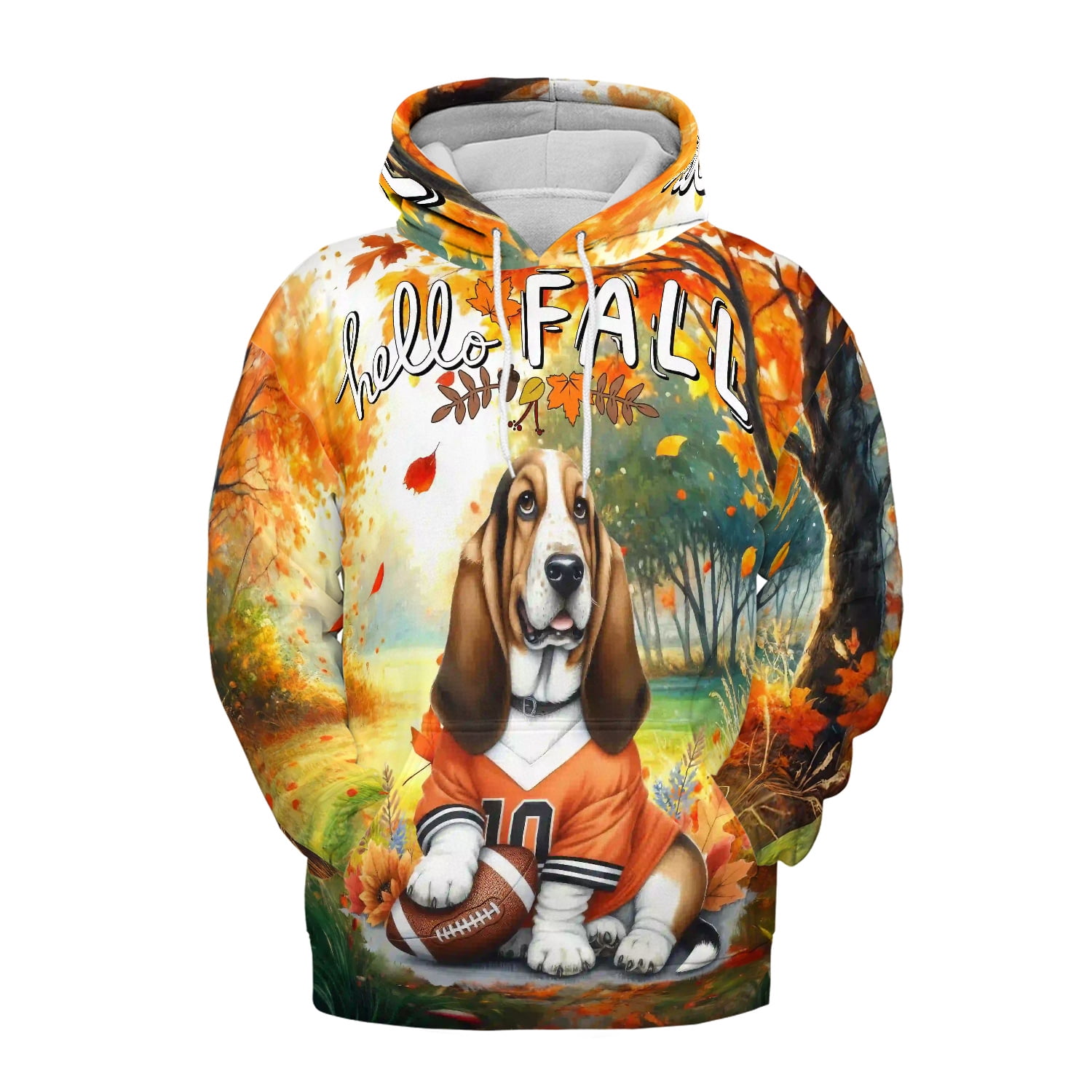Hello Fall Basset Hound Football Welcome Autumn with Leaves Pumpkins ...