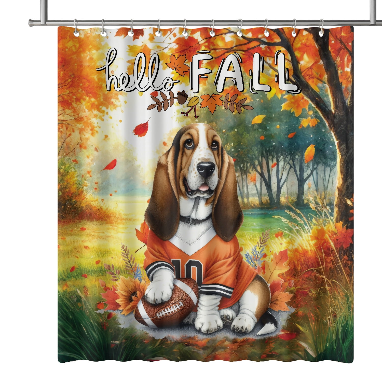 Hello Fall Basset Hound Football Welcome Autumn with Leaves Pumpkins ...