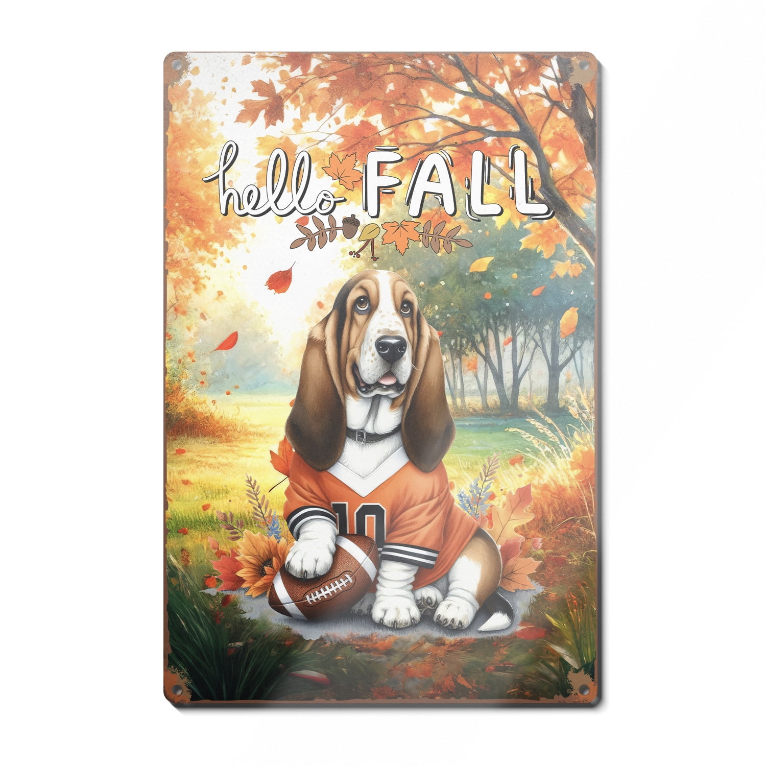 Hello Fall Basset Hound Football Welcome Autumn with Leaves Pumpkins ...