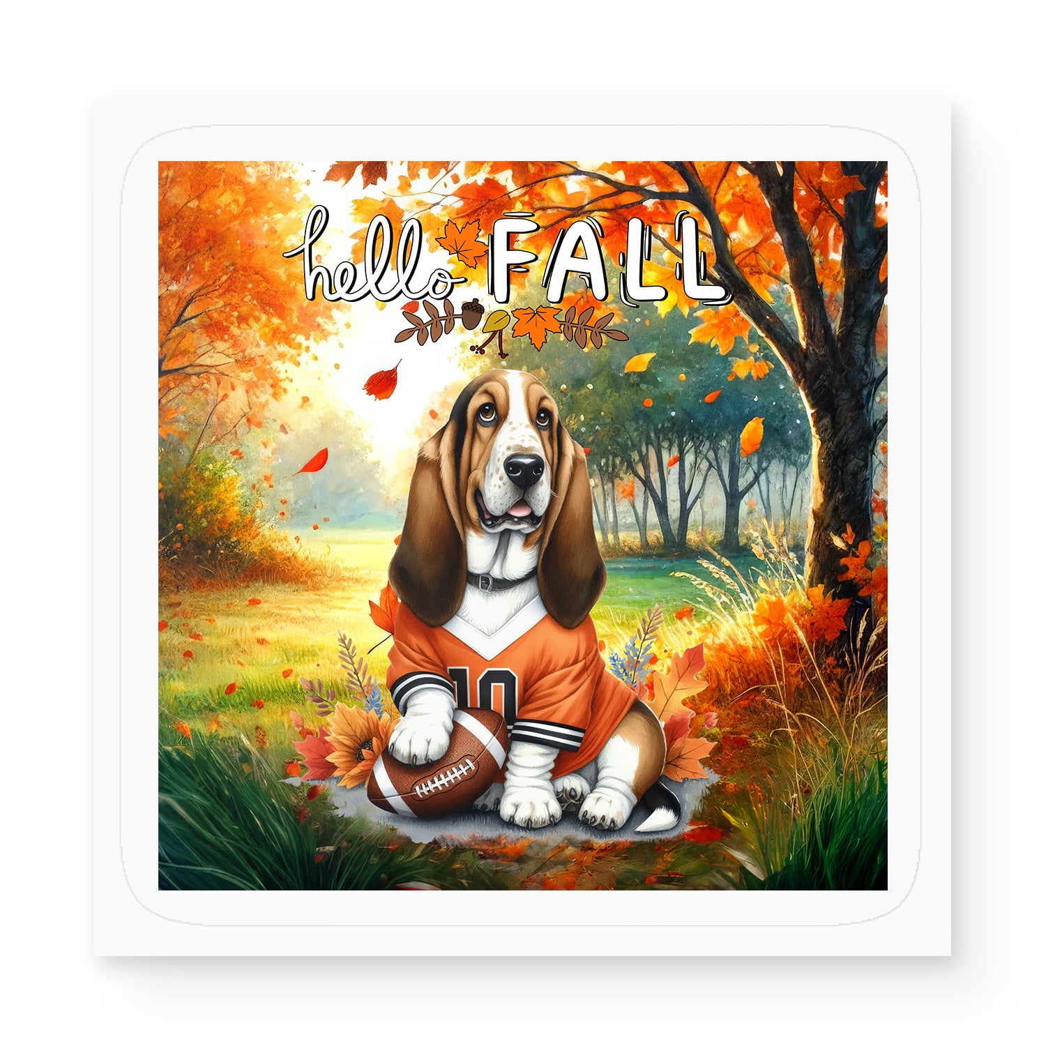 Hello Fall Basset Hound Football Welcome Autumn with Leaves Pumpkins ...