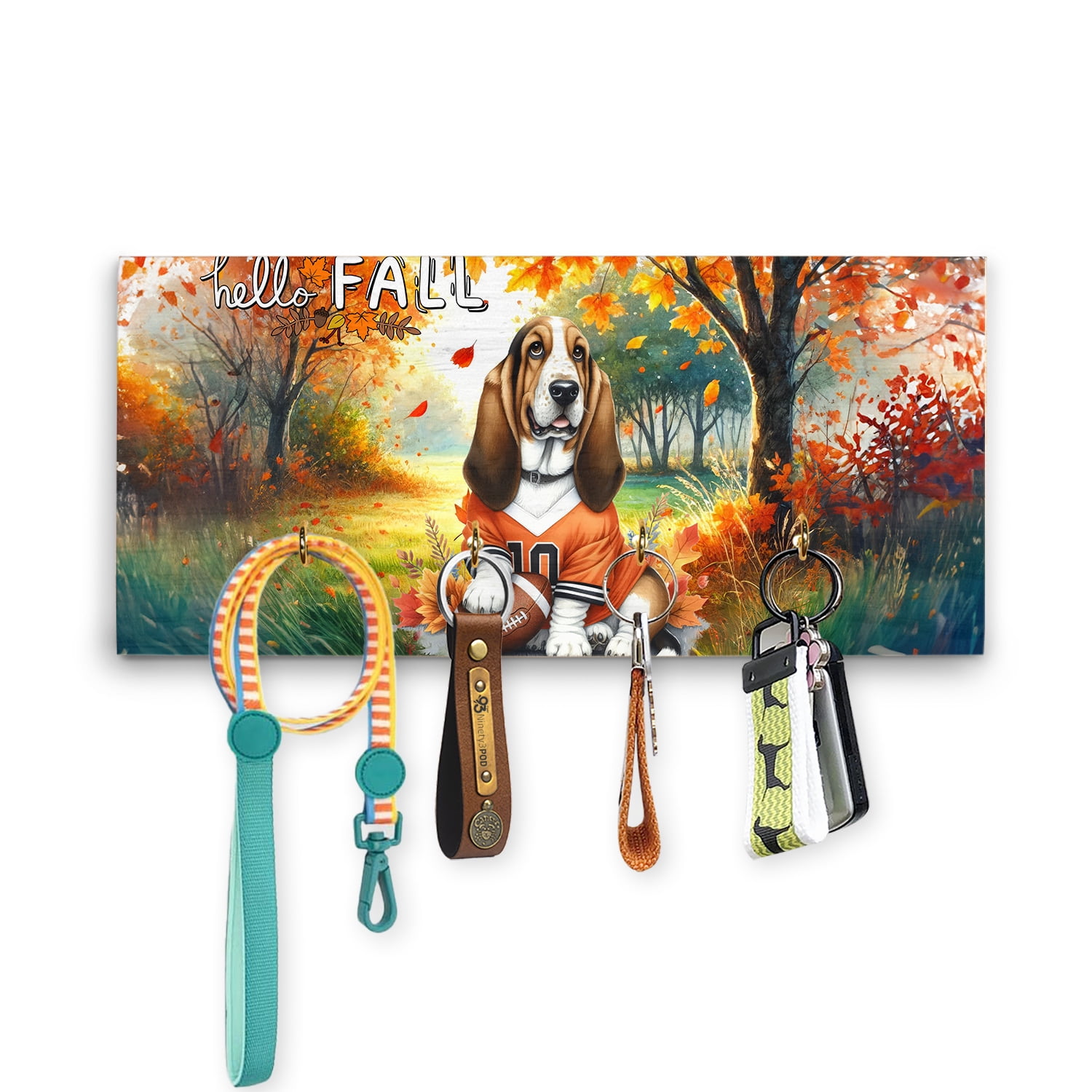 Hello Fall Basset Hound Football Welcome Autumn with Leaves Pumpkins ...