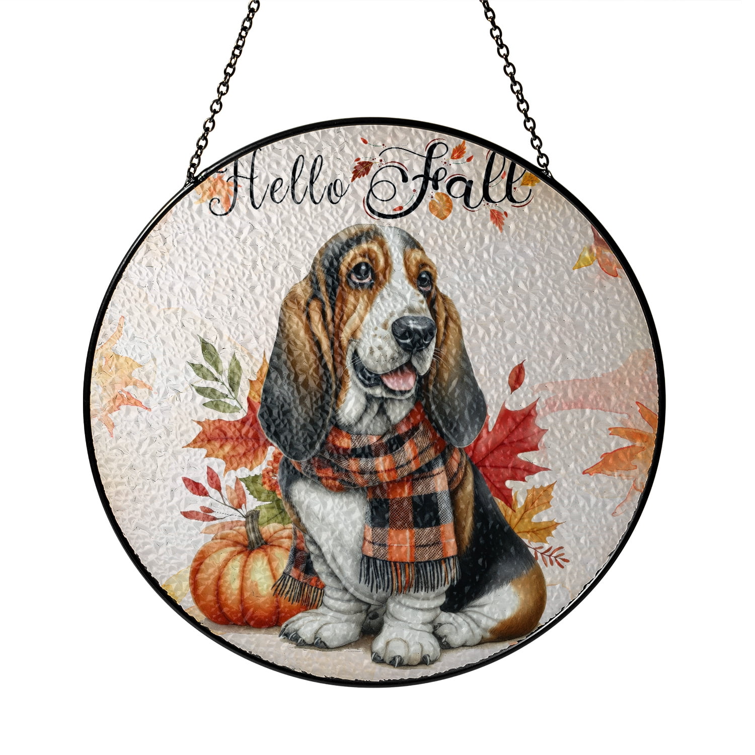 Hello Fall Basset Hound Scarf Welcome Autumn with Leaves Pumpkins ...