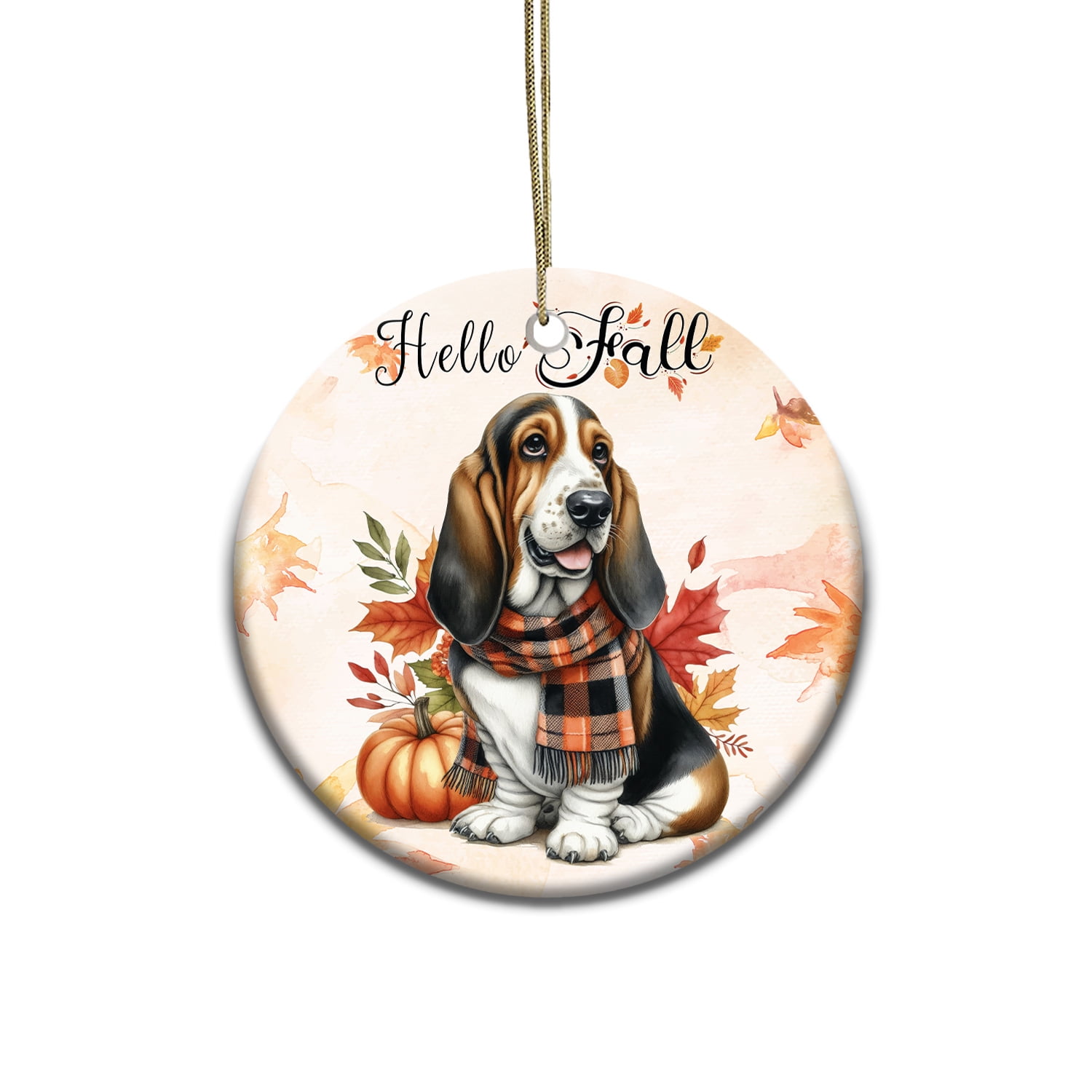 Hello Fall Basset Hound Scarf Welcome Autumn with Leaves Pumpkins ...