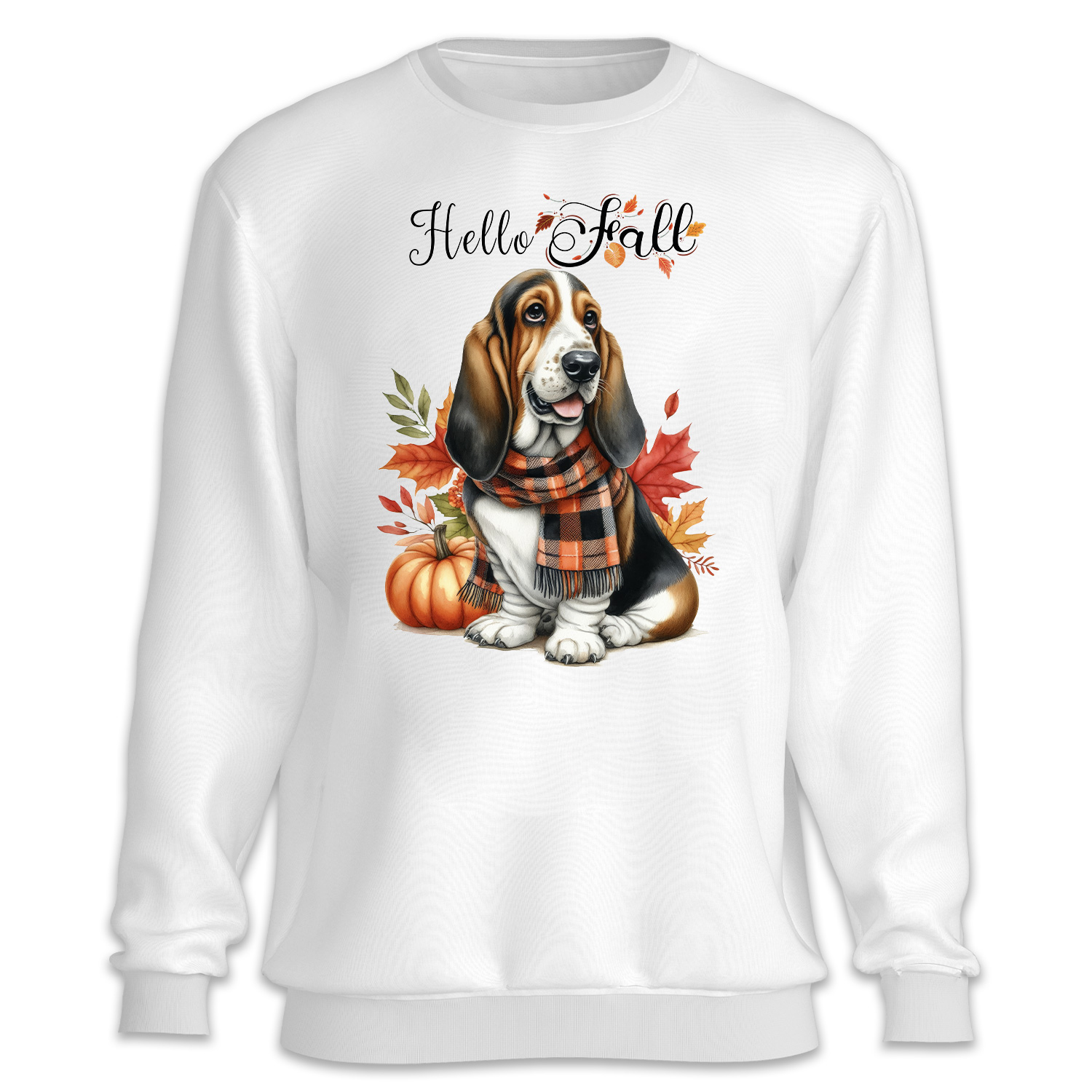Hello Fall Basset Hound Scarf Welcome Autumn with Leaves Pumpkins ...