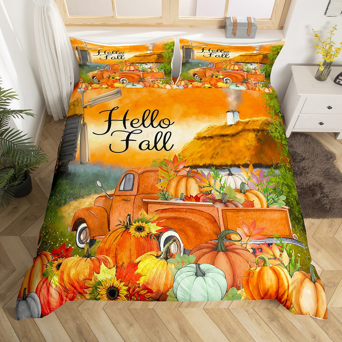 Hello Fall Bedding Set Rustic Farm Maple Leaf Pumpkin Sunflower Duvet ...